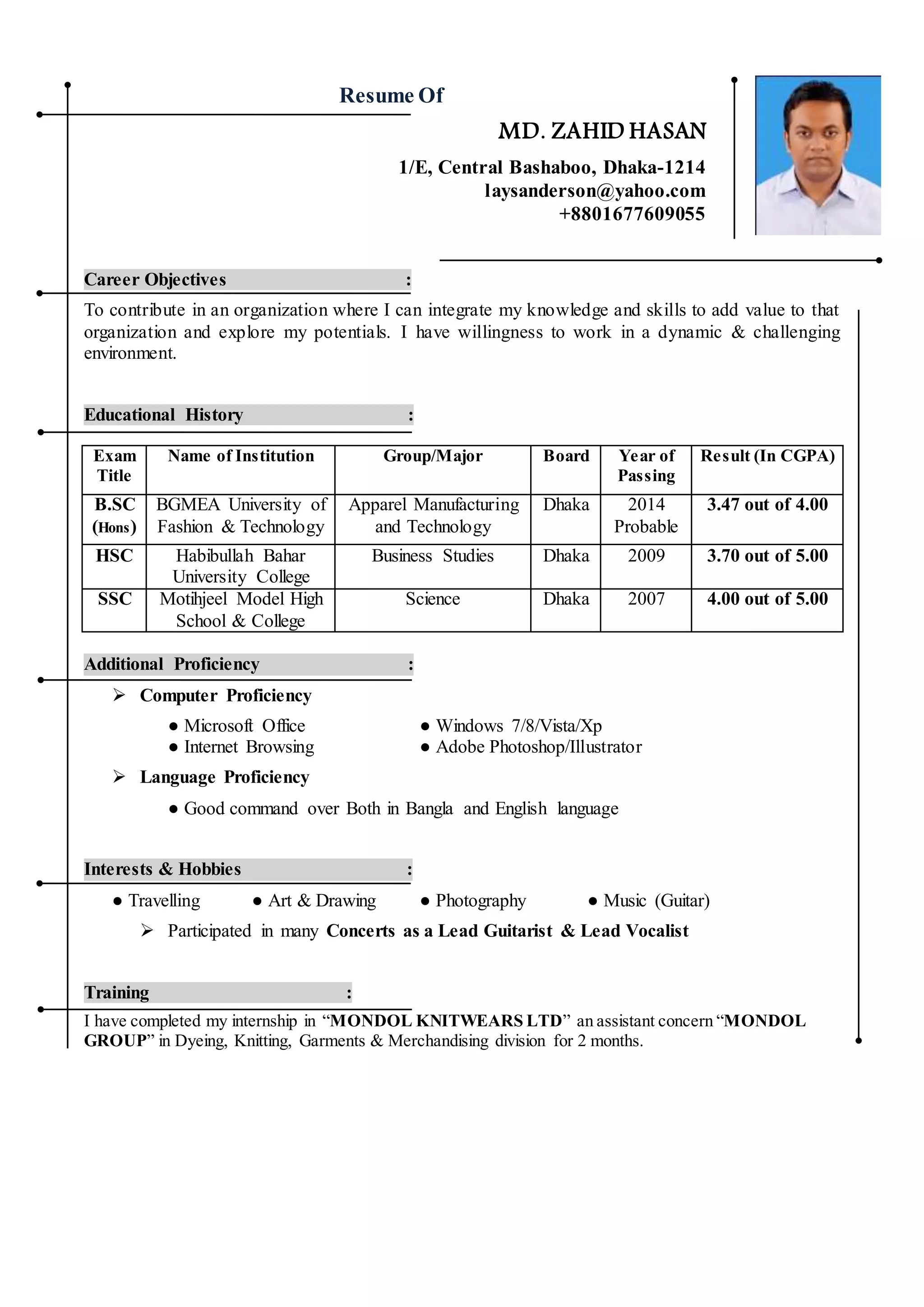 Resume of Zahid Hasan | DOCX