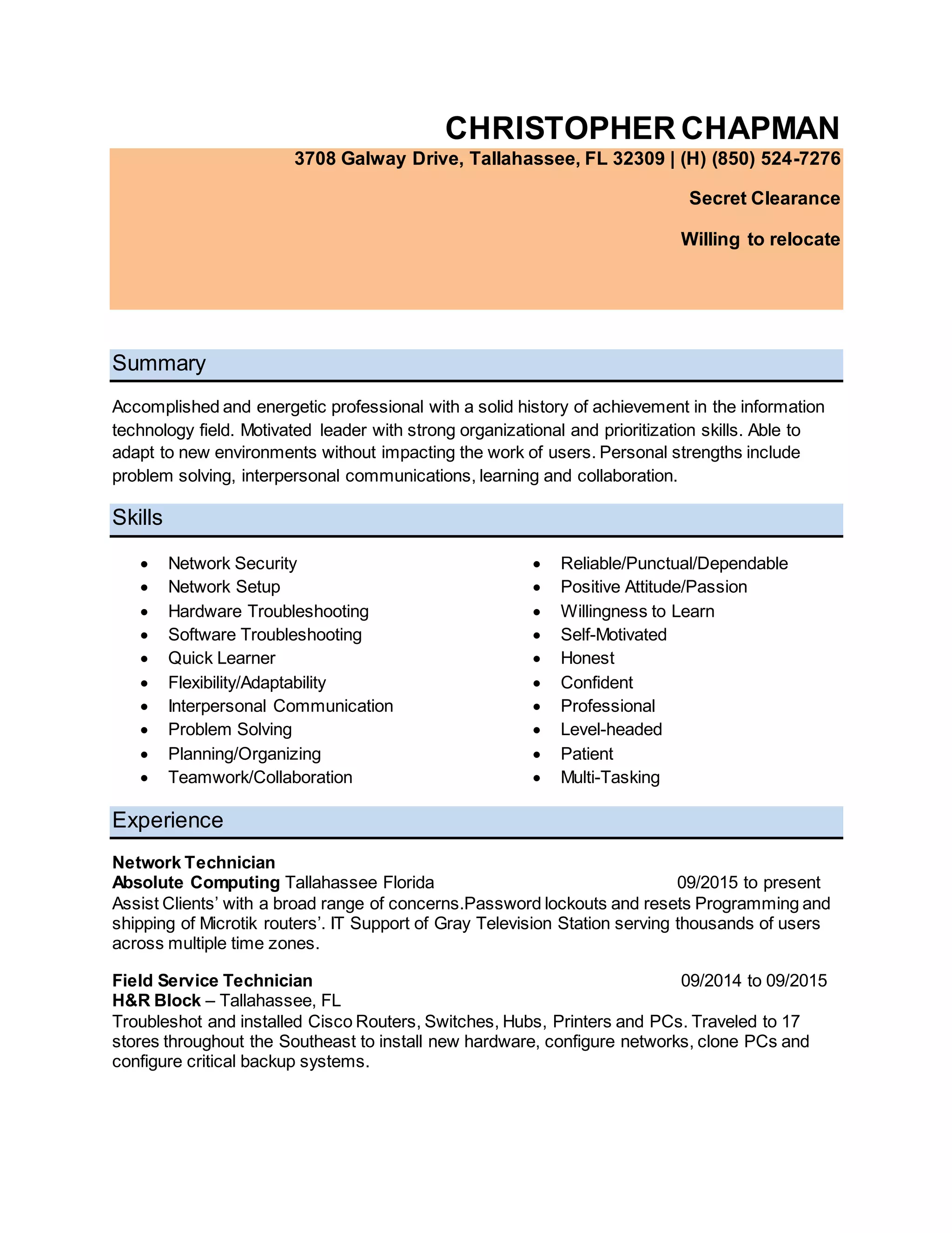 christopher-resume (1) | DOCX | IT and Internet Support | Internet