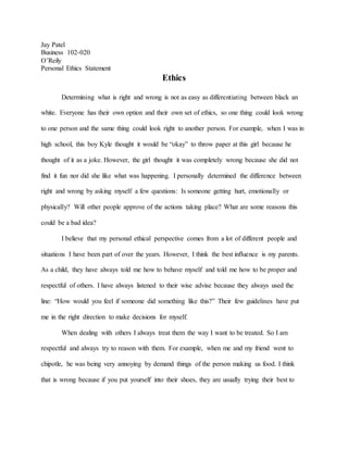 Personal Ethic Statement Examples