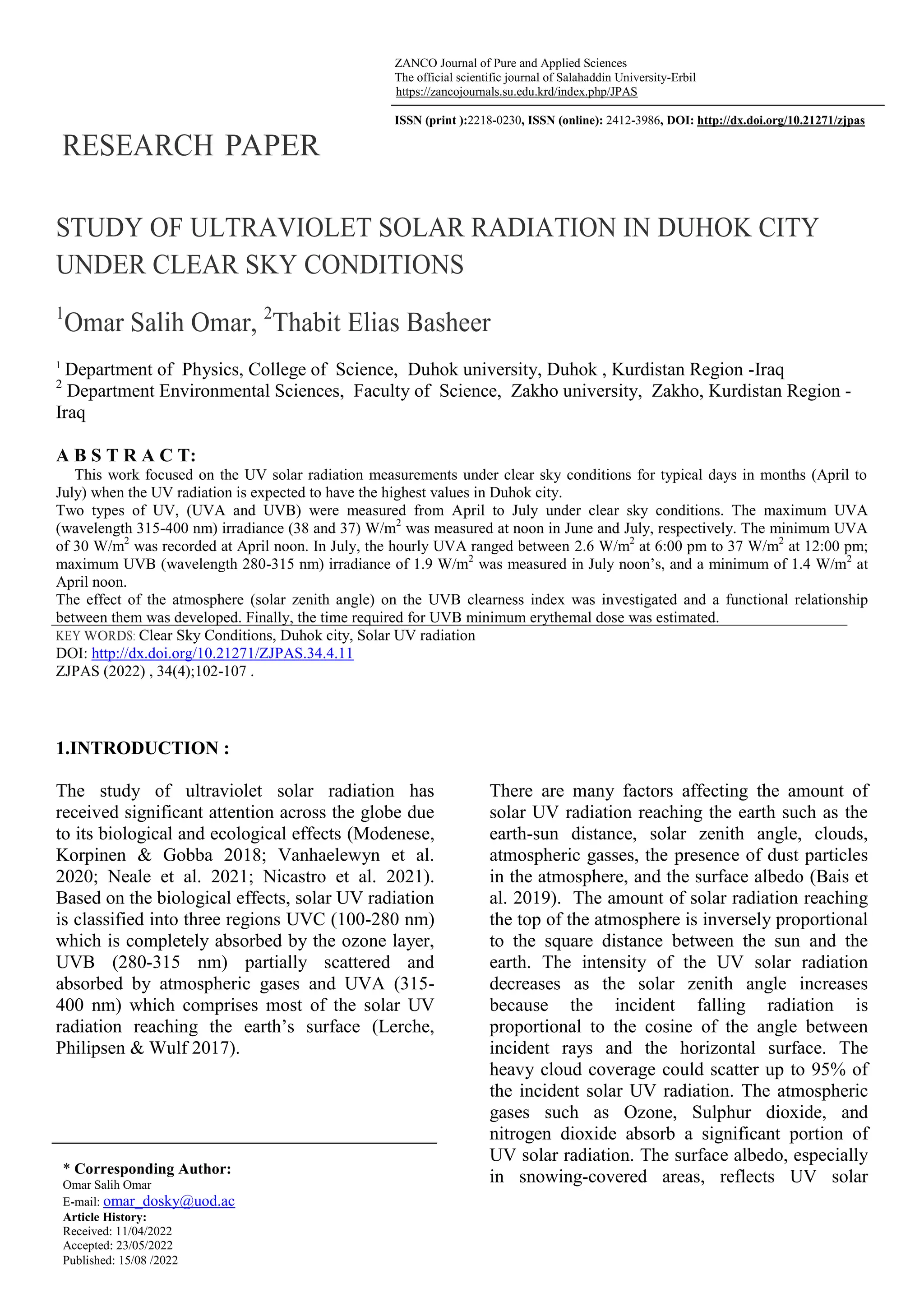 STUDY OF ULTRAVIOLET SOLAR RADIATION IN DUHOK CITY UNDER CLEAR SKY ...