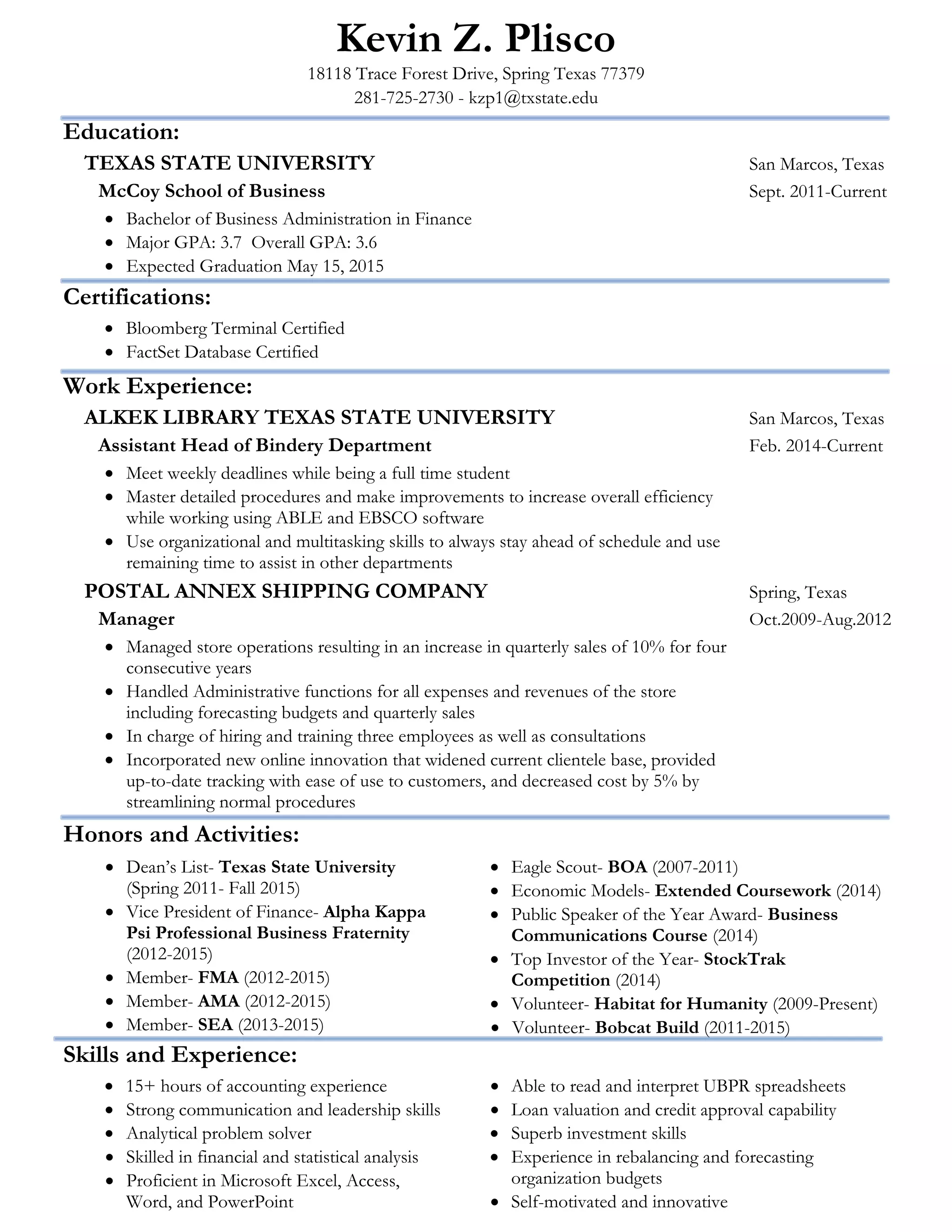 Kevin Z. Plisco Resume | PDF