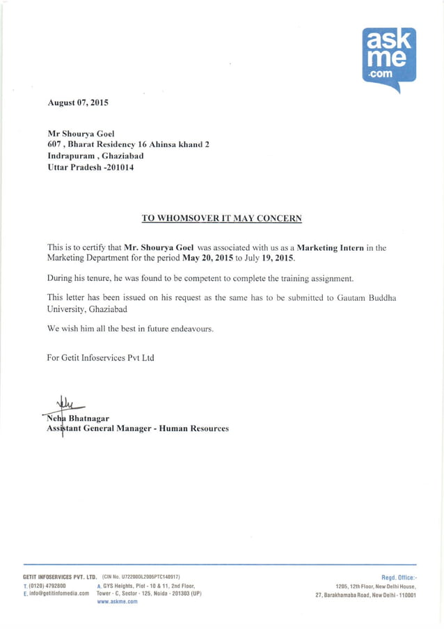 askme.com completion letter | PDF