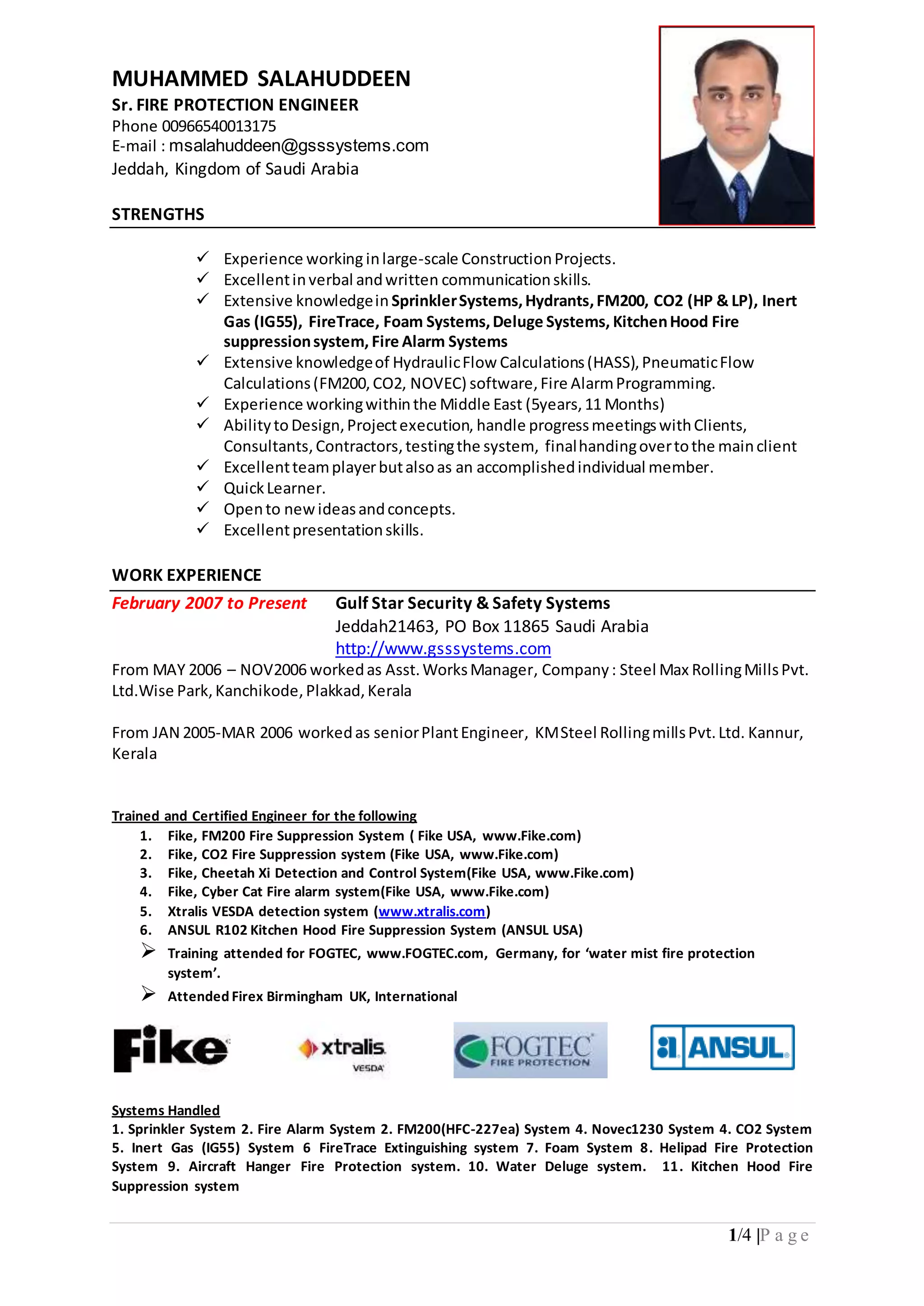 CV Muhammed Salahuddeen, Fire Protection Engineer | DOCX