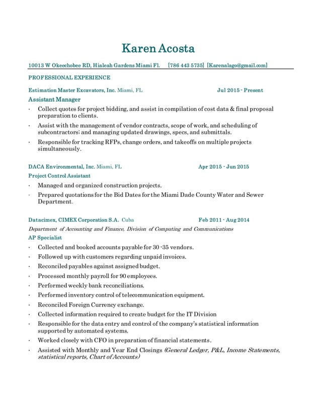 Karen Acosta - Resume. | DOCX | Business Accounting & Finance | Business