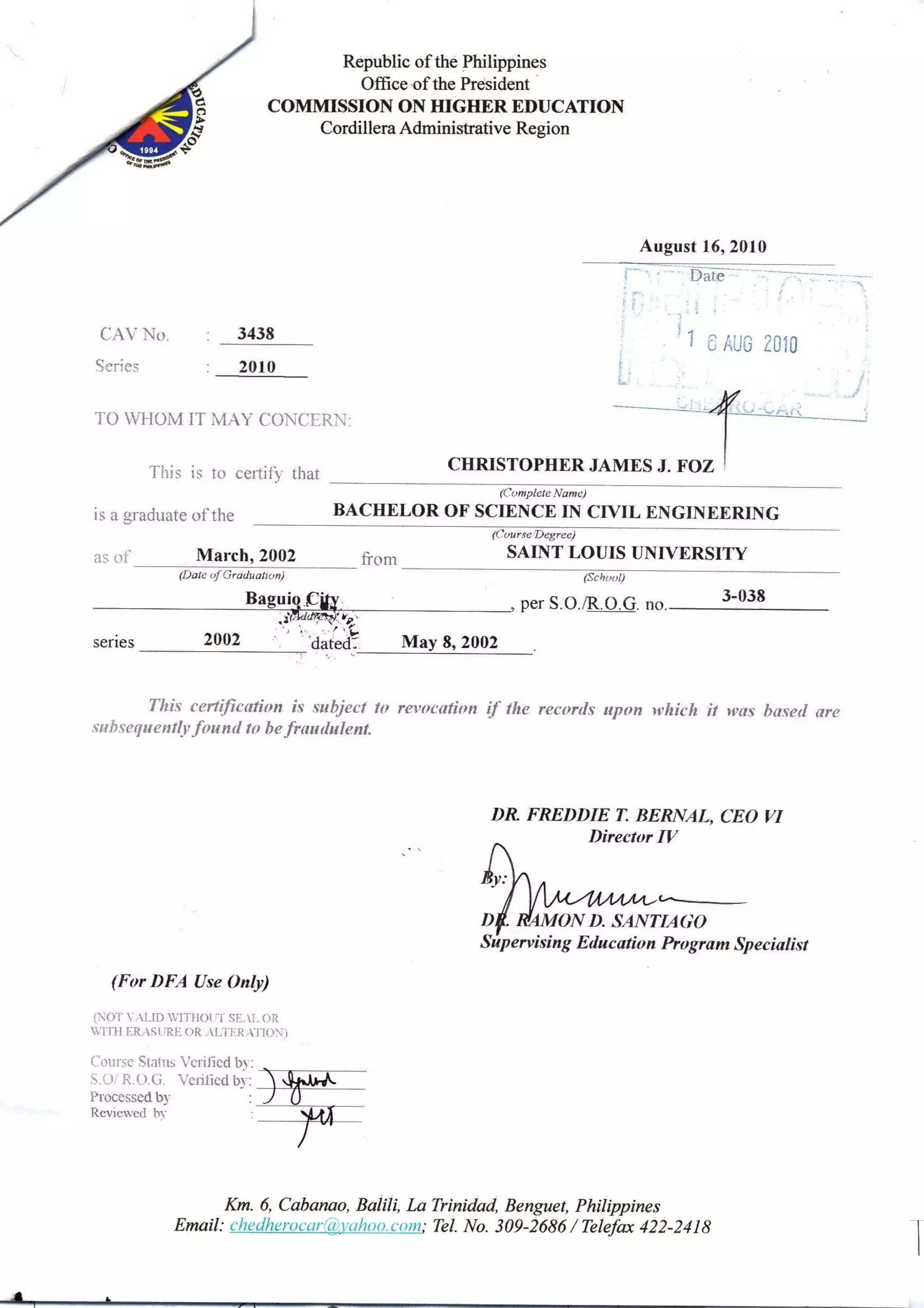 Authenticated CHED Certificate, Graduation Certificate, Transcript ...