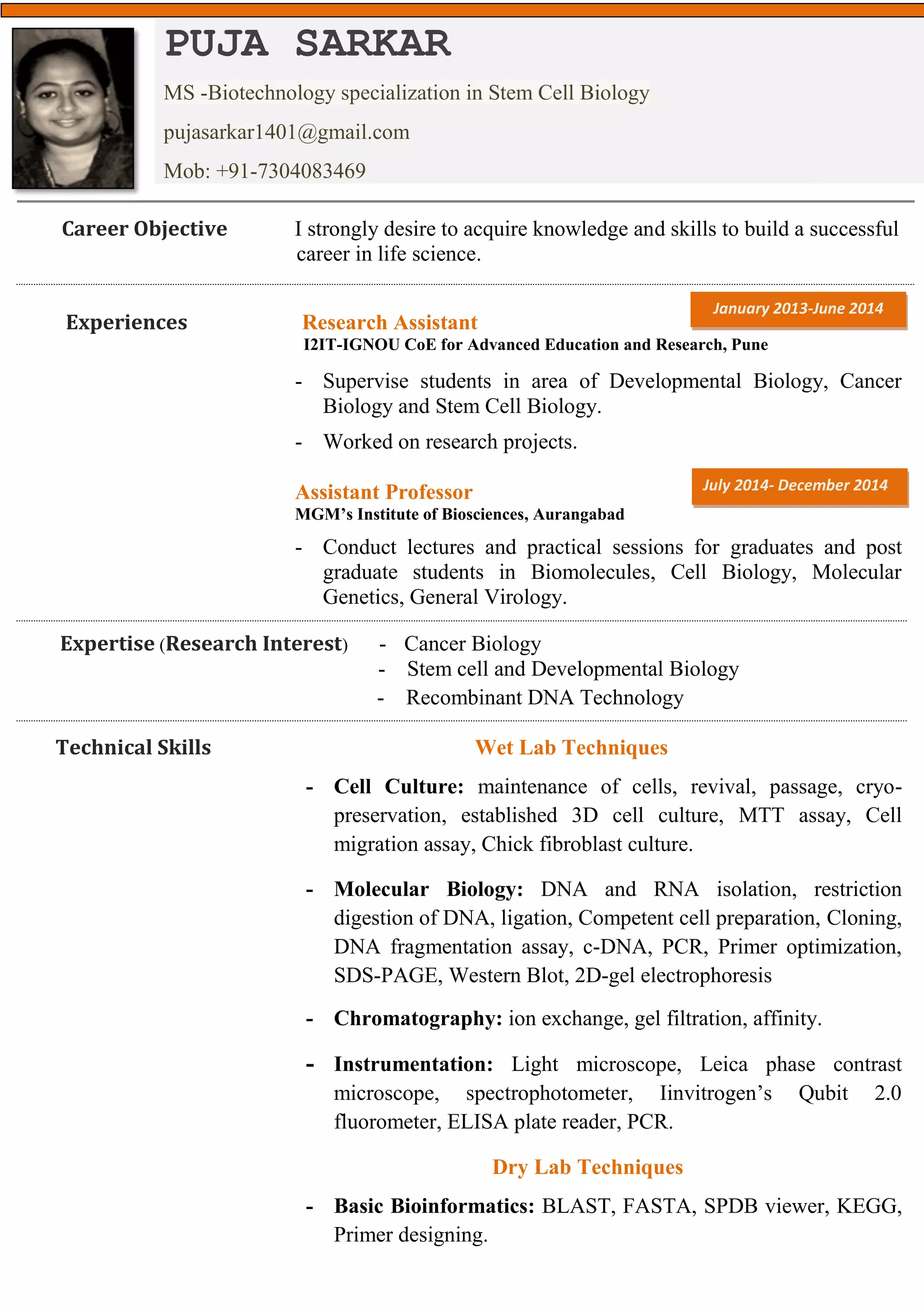 Puja Sarkar CV | PDF | Genetics | Science