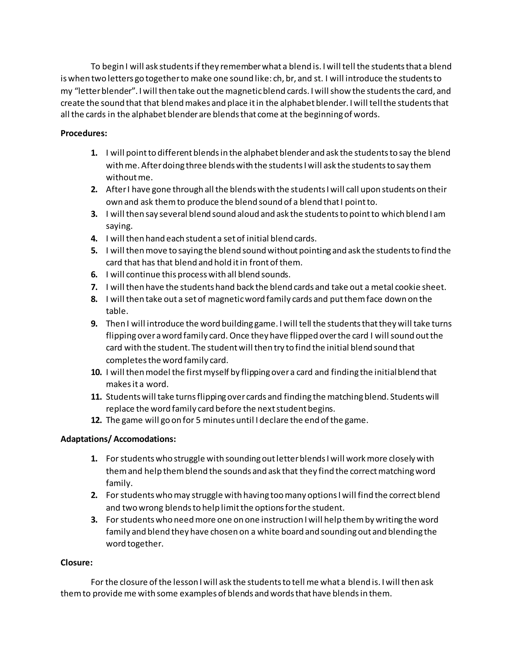 Beginning Blends Lesson | DOCX