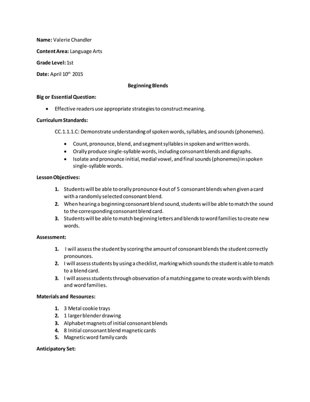 Beginning Blends Lesson | DOCX