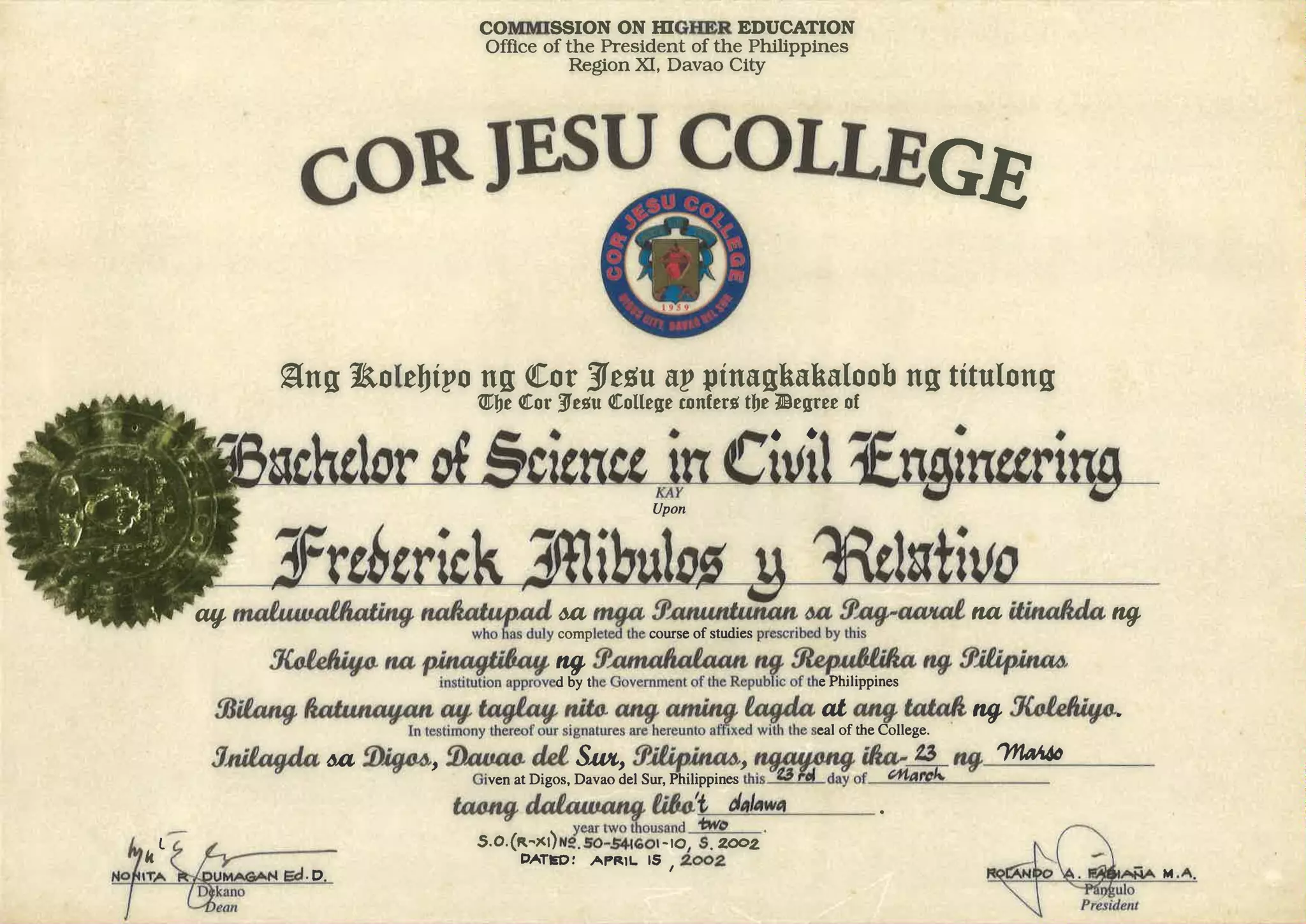 College Diploma (BSCE-Cor Jesu College) | PPT