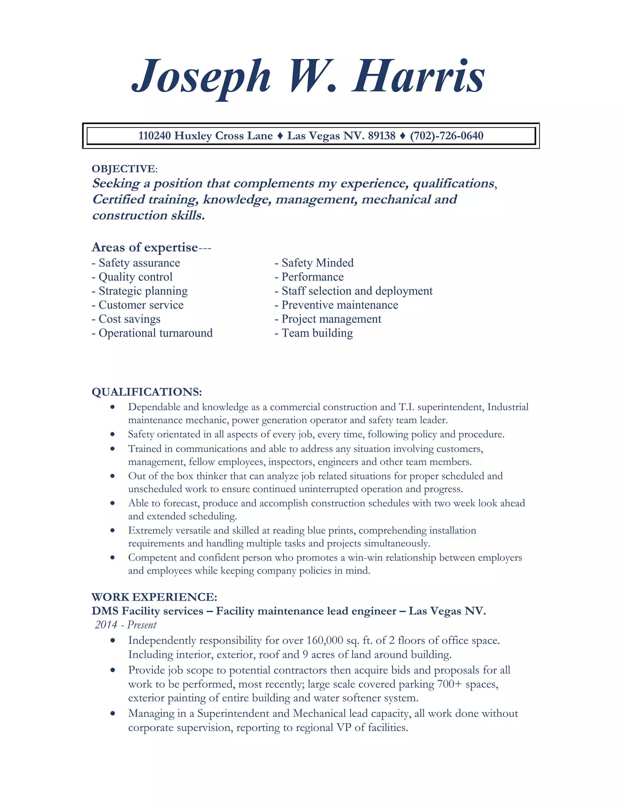 Joe Harris' Resume 2016 | DOC