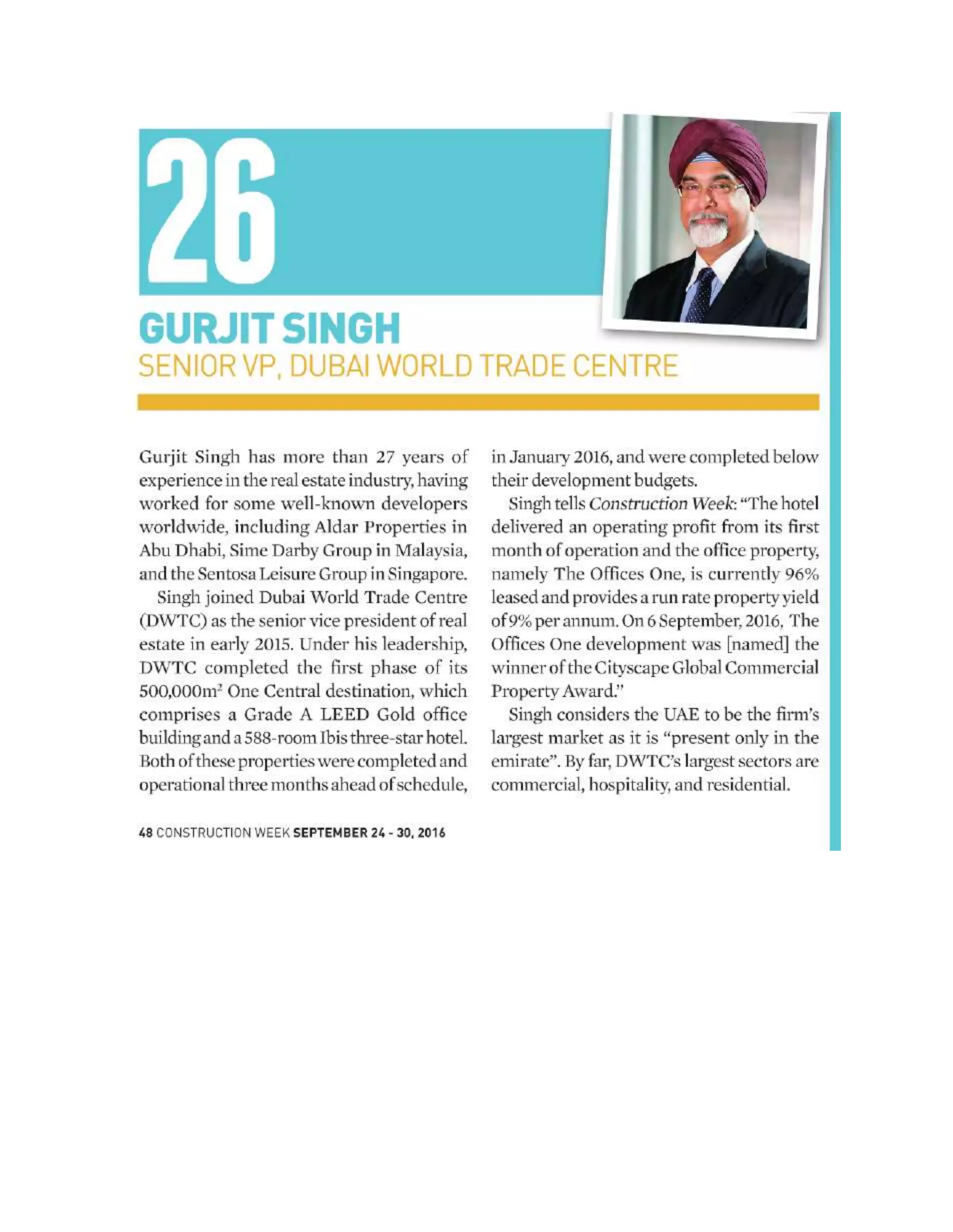 Gurjit Singh 2016 GCC Top 50 Property Developers | DOCX