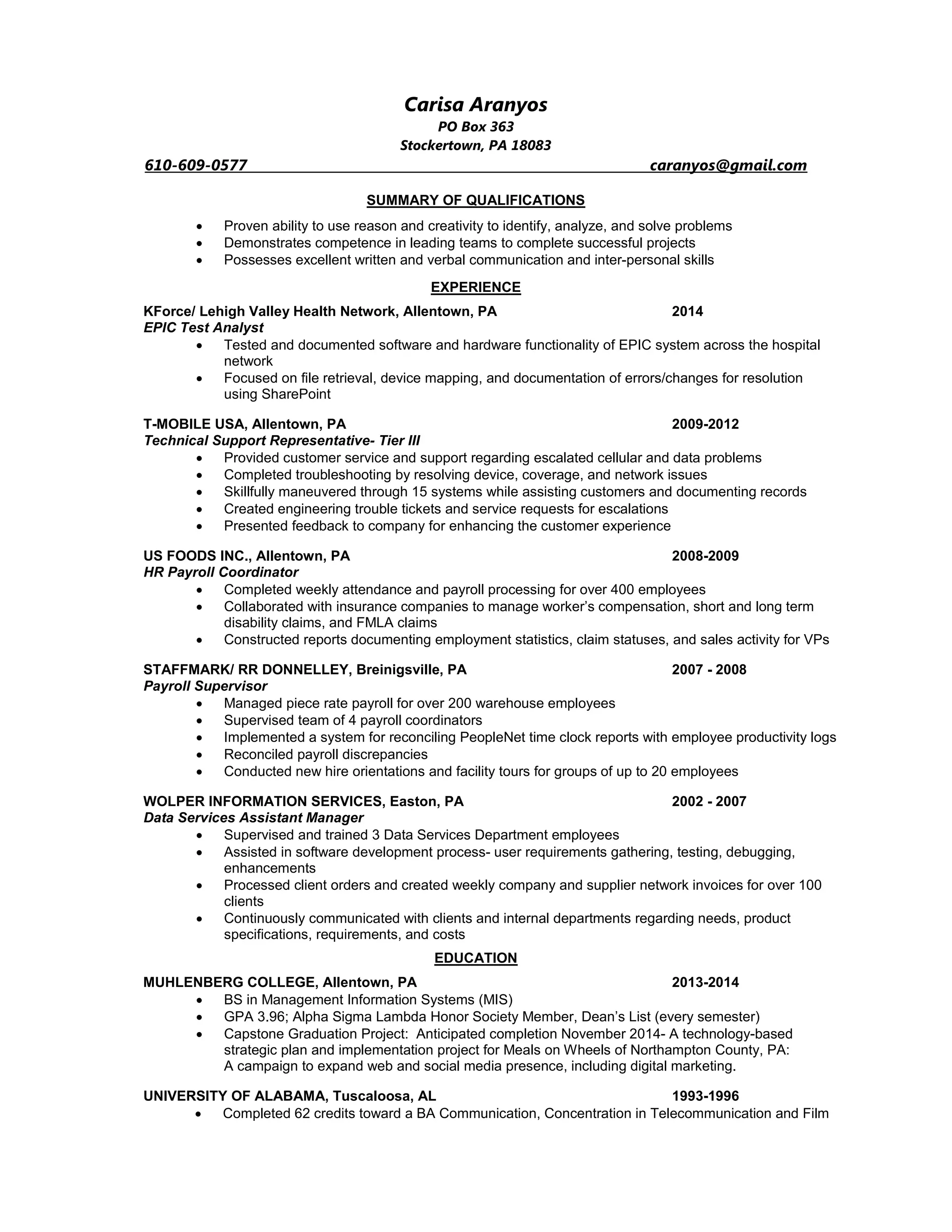 Carisa Aranyos Resume 2 | PDF