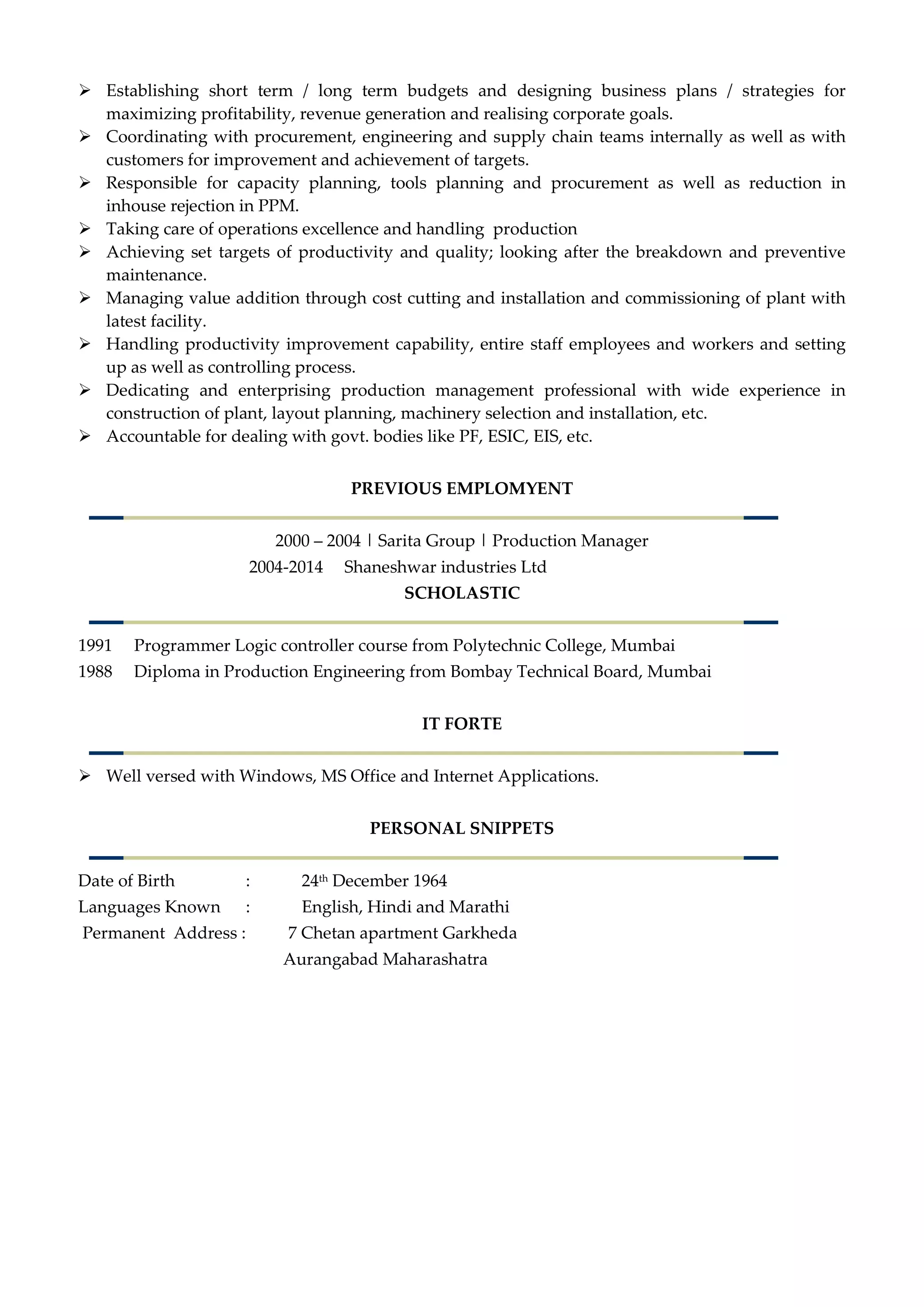 Resume for plant head suresh khake | PDF