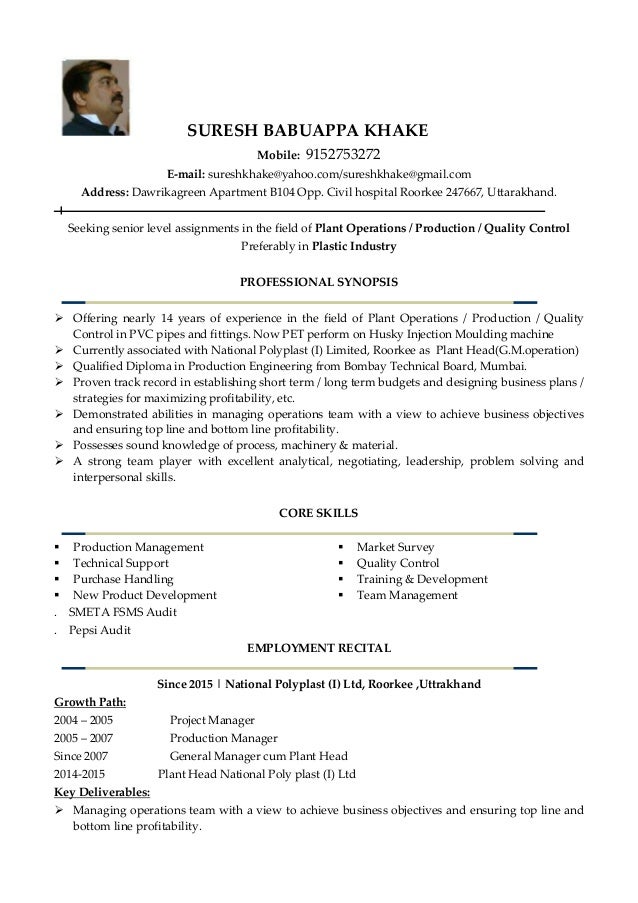 Resume for plant head suresh khake