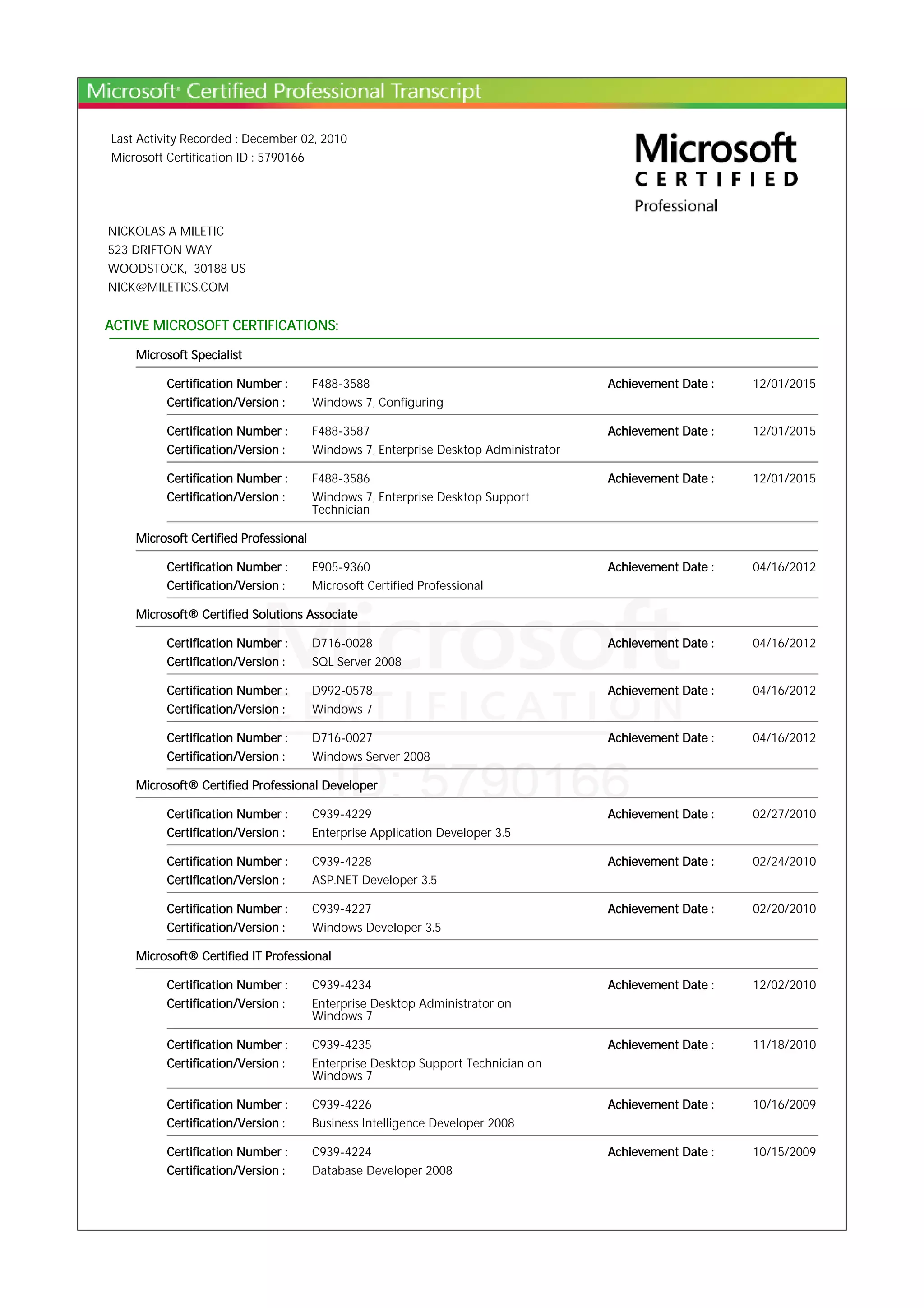 Nick Miletic Microsoft Transcript Pdf