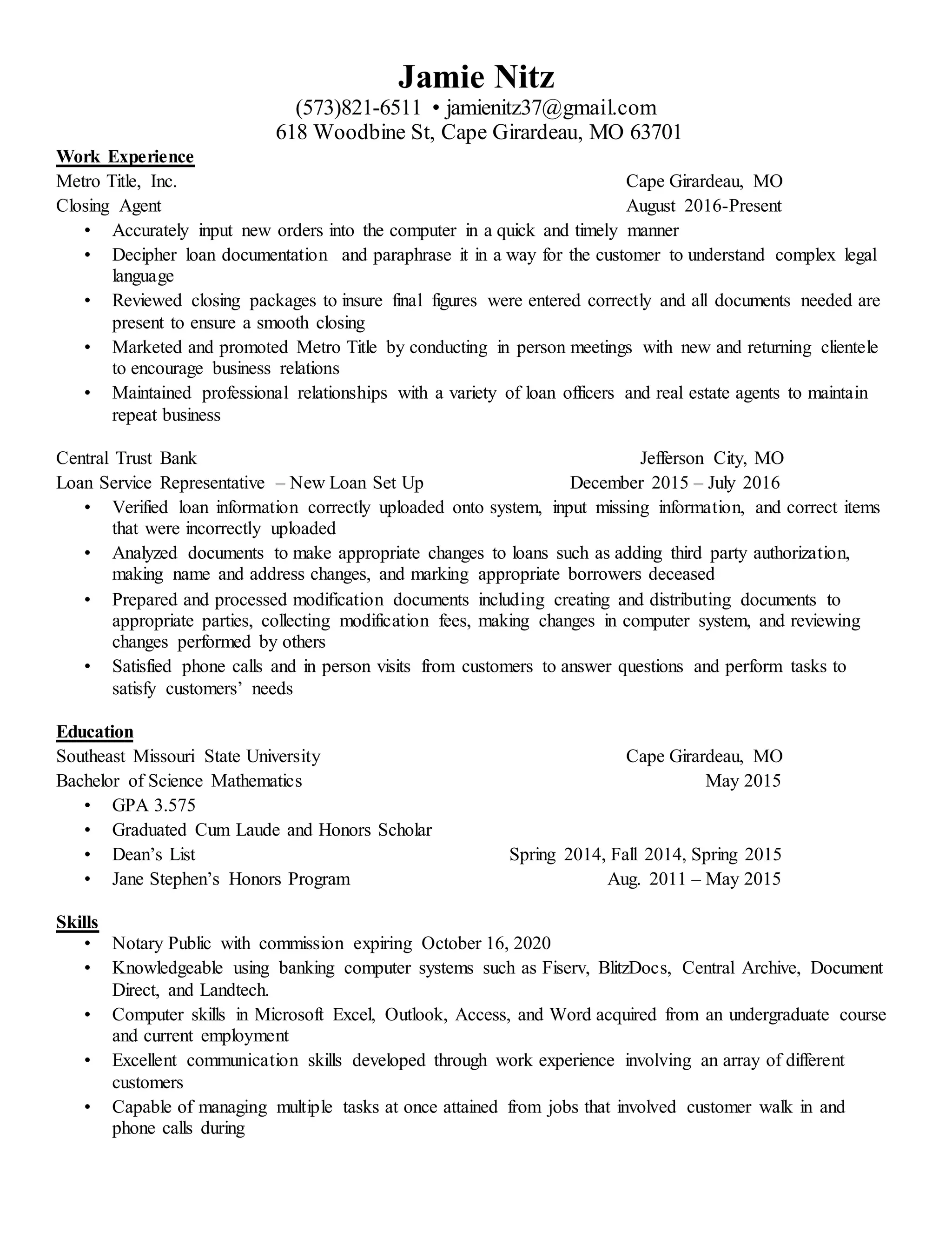 Jamie Nitz resume word updated | DOCX
