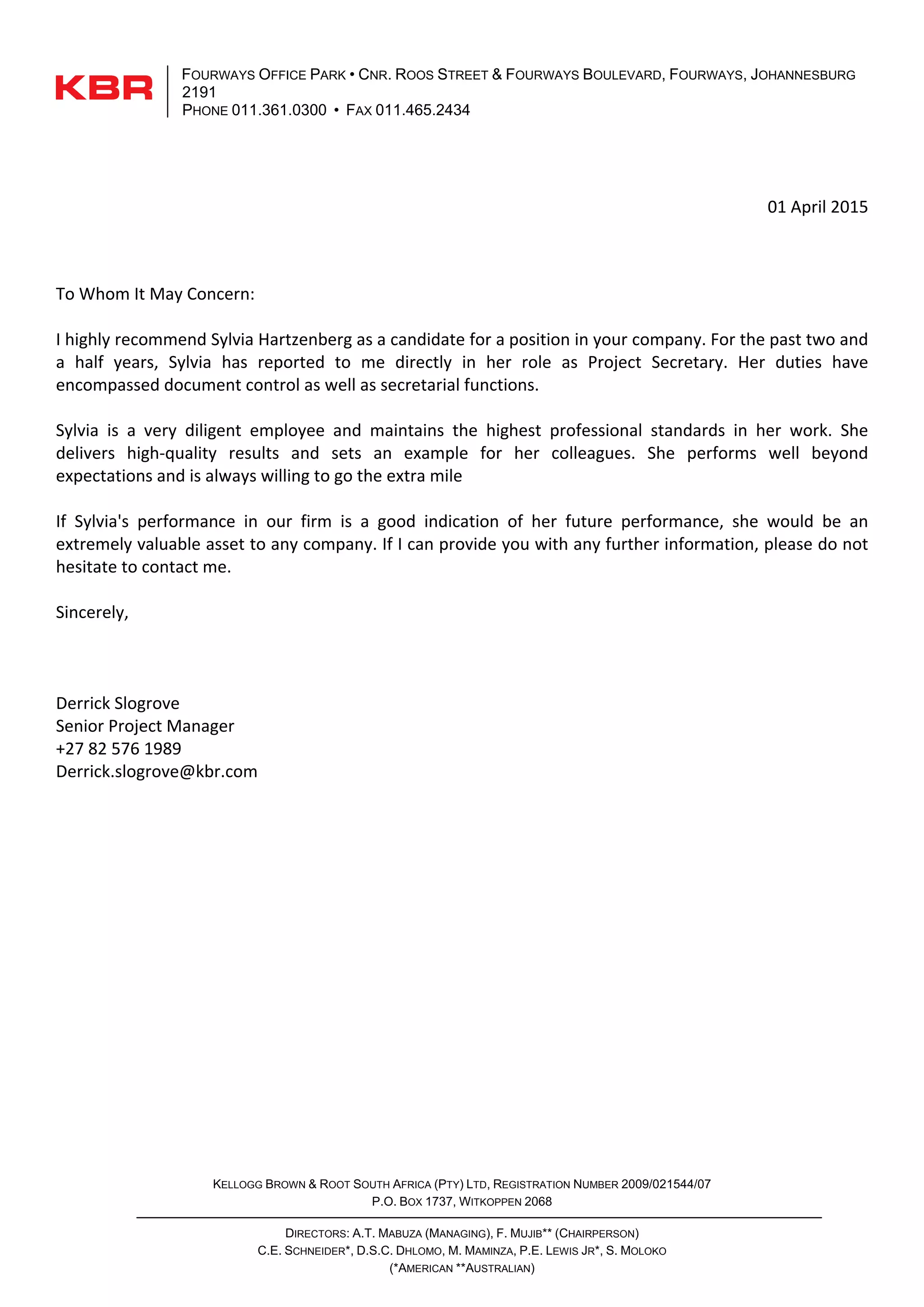 Reference letter - Sylvia Hartzenberg | PDF