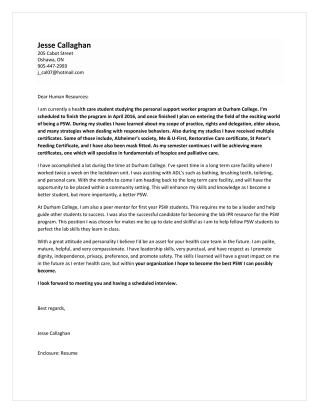 Jesse Callaghan Cover Letter PSW | DOC | Eldercare | Family and Relationships