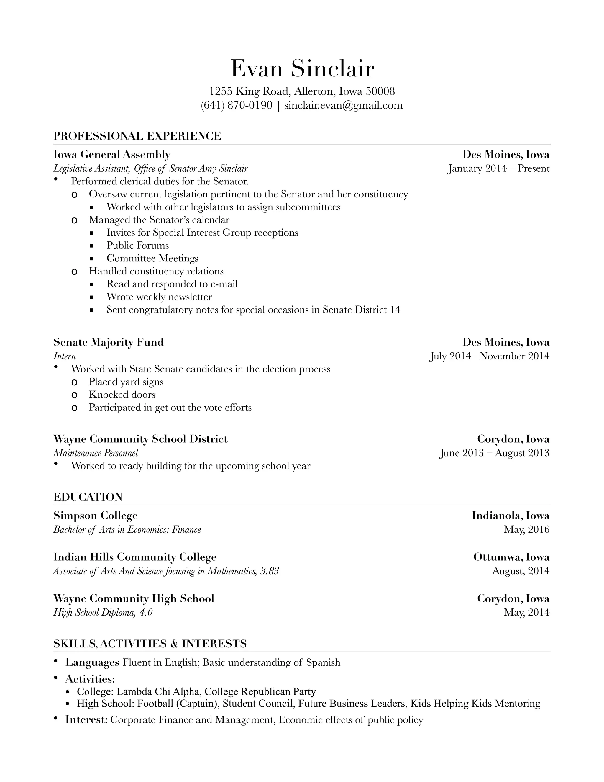 Evan Sinclair Resume | PDF