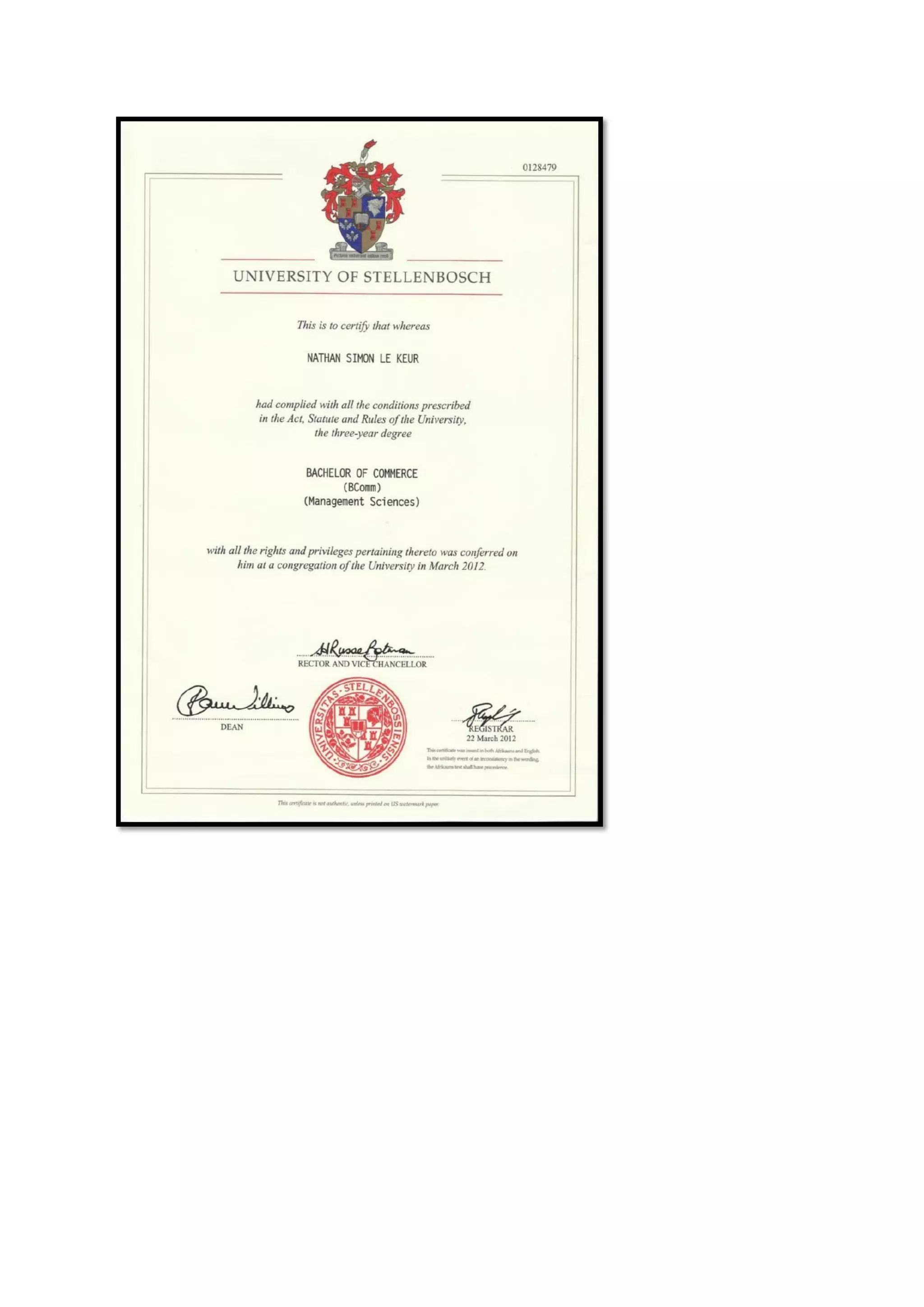 Stellenbosch University Bcomm Degree certificate | PDF