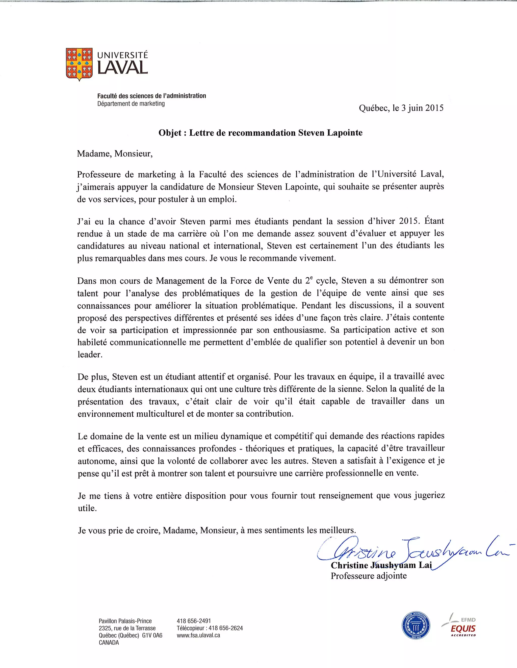 Lettre de Recommandation Steven Lapointe | PDF