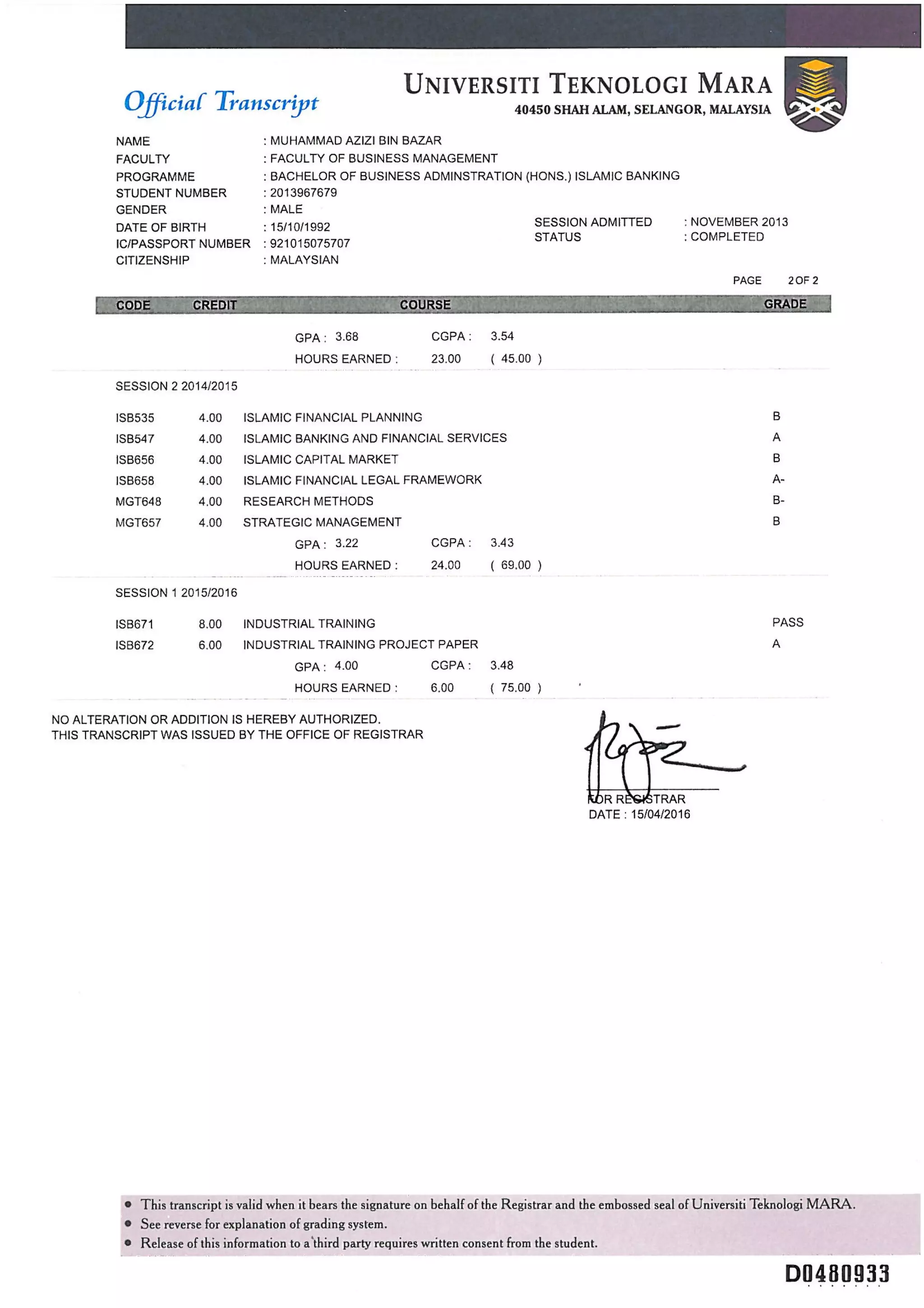 official degree transcript | PDF