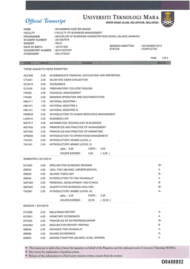 official degree transcript | PDF