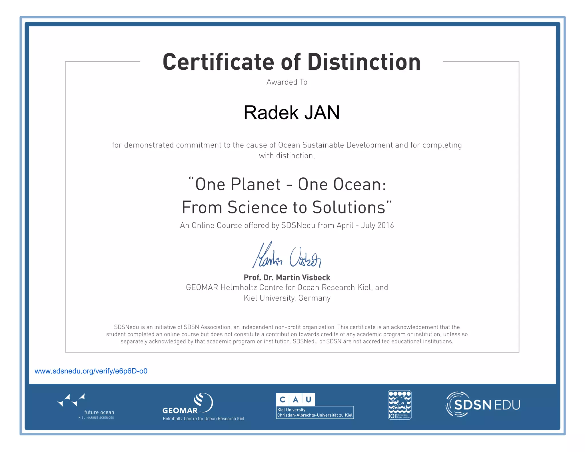 Radek Jan SDSNedu Distinction One Planet One Ocean | PDF | College ...