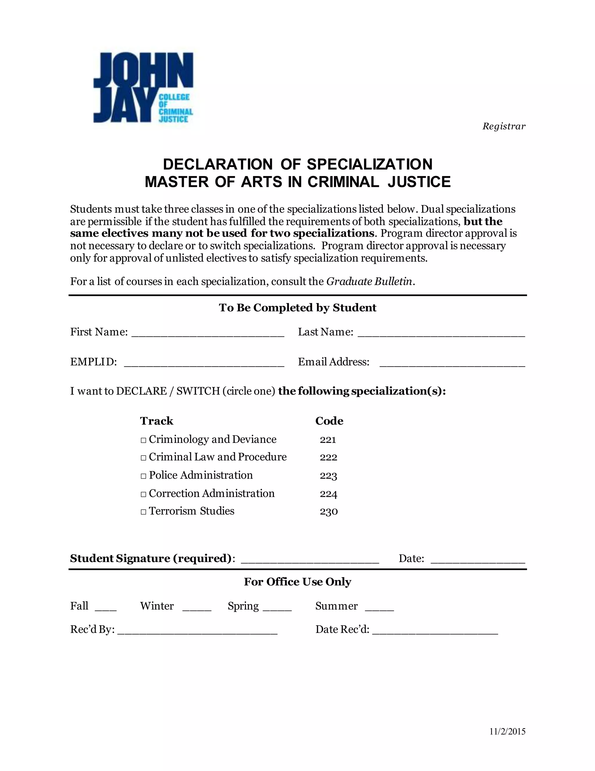 CRJ MA declaration of specialization form | DOCX | Law
