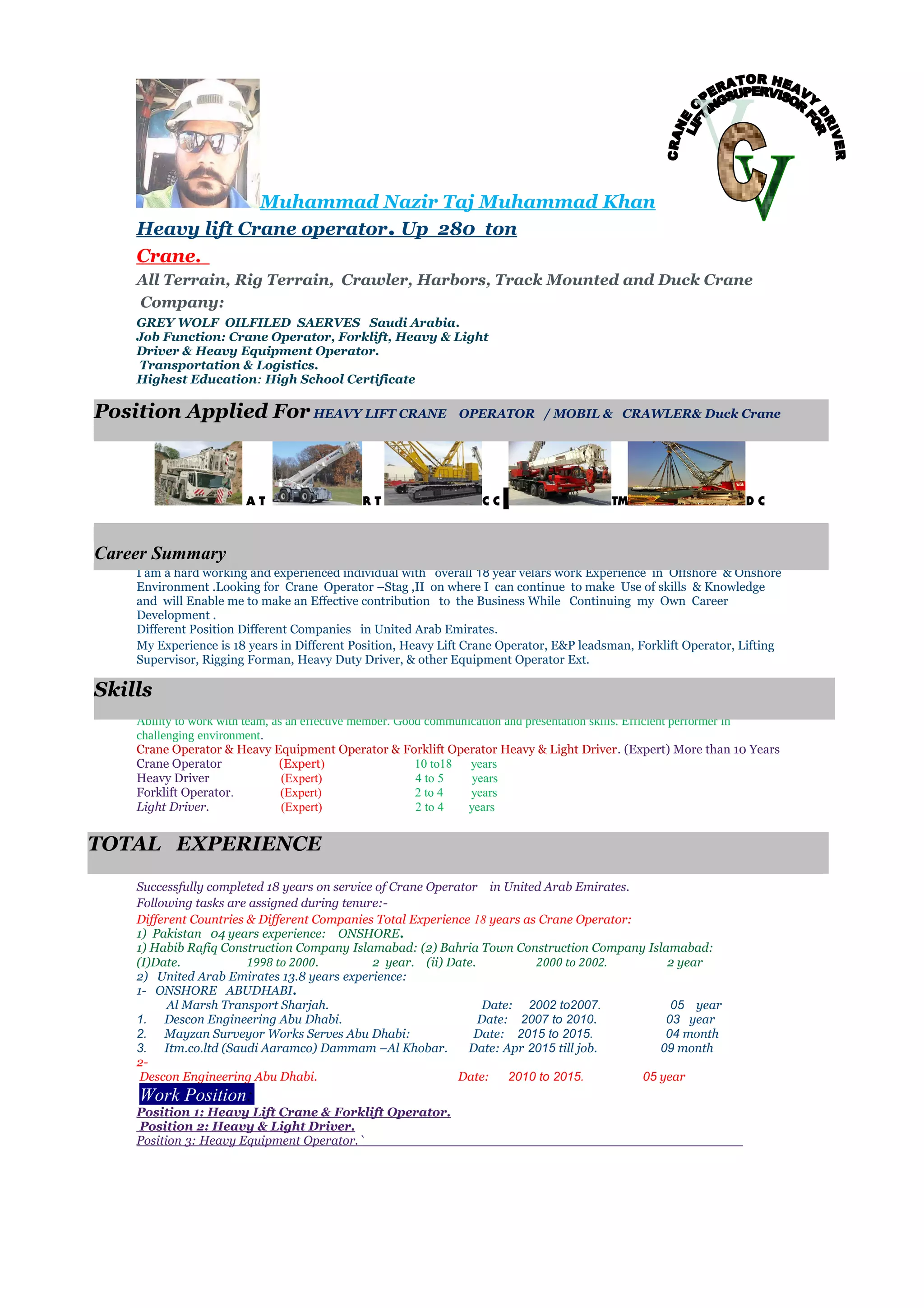 CV Muhammad Nazir Crane Operator NEW CV | DOC