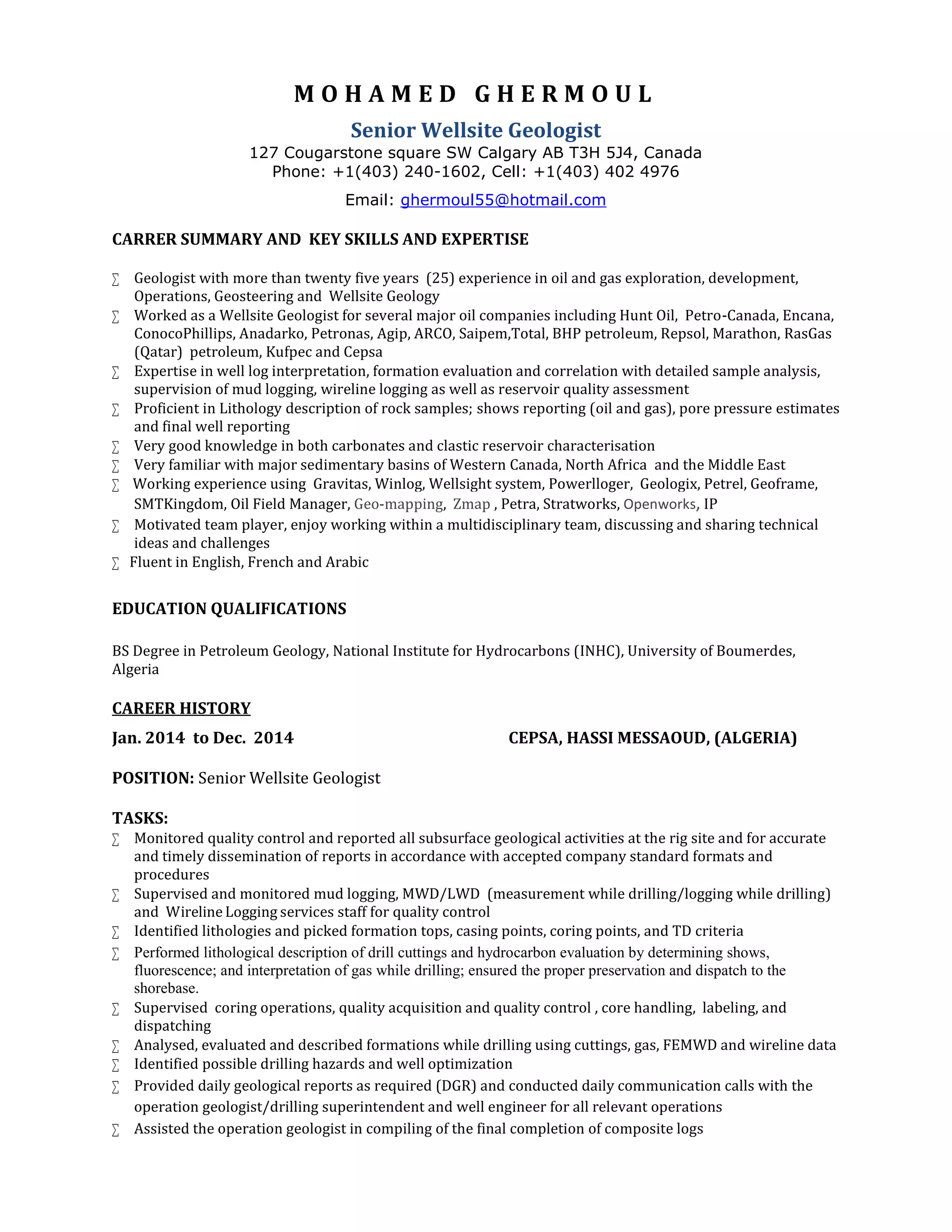 Mohamed Ghermoul-Resume_Wellsite Geol | PDF