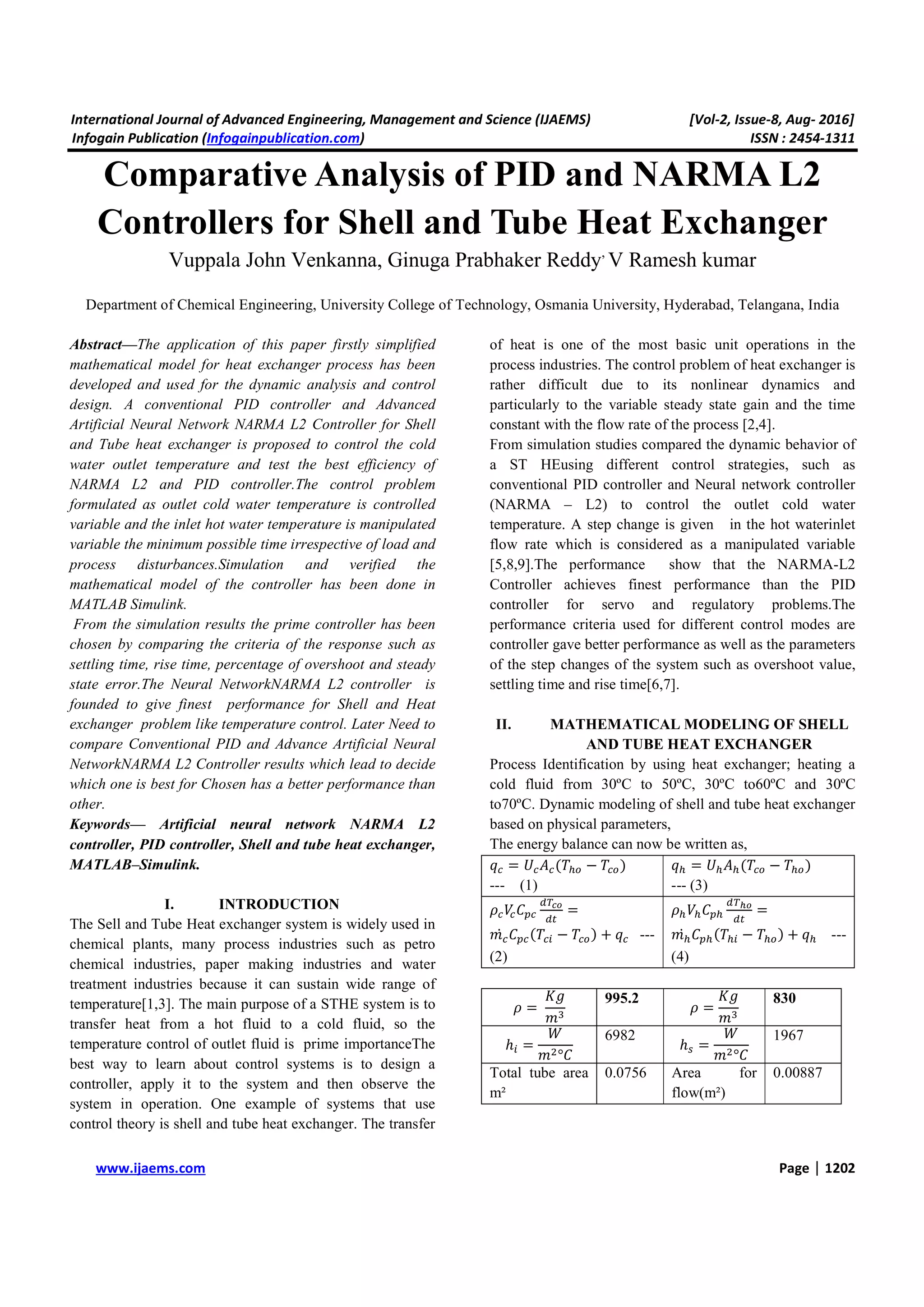 comparative analysis of pid and narma l2 controllers for shell and tube heat exchanger | PDF