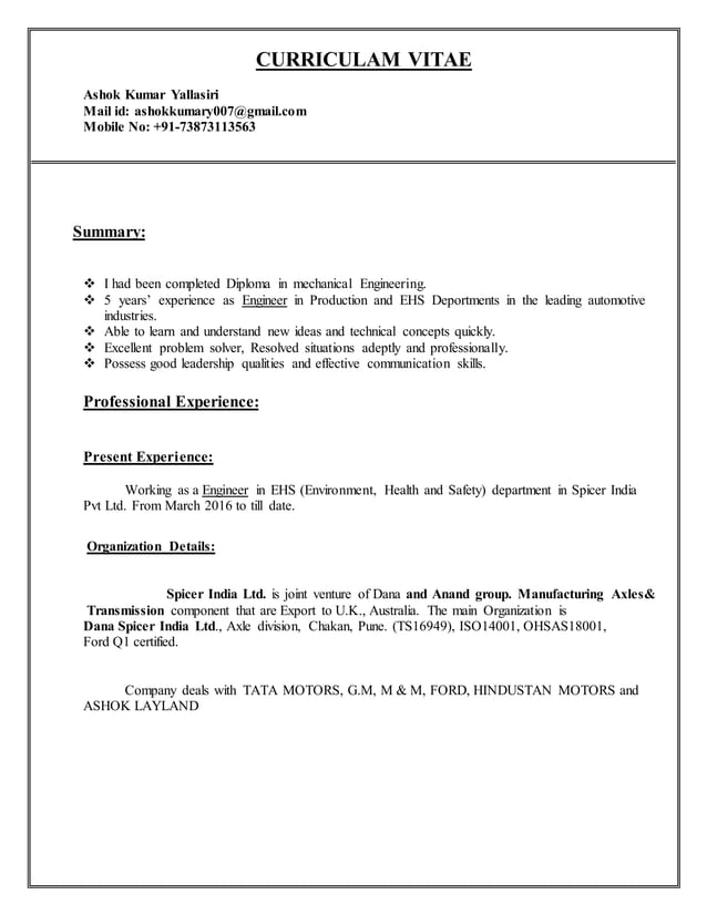 Ashok Resume | DOCX | Automotive Industry | Industries