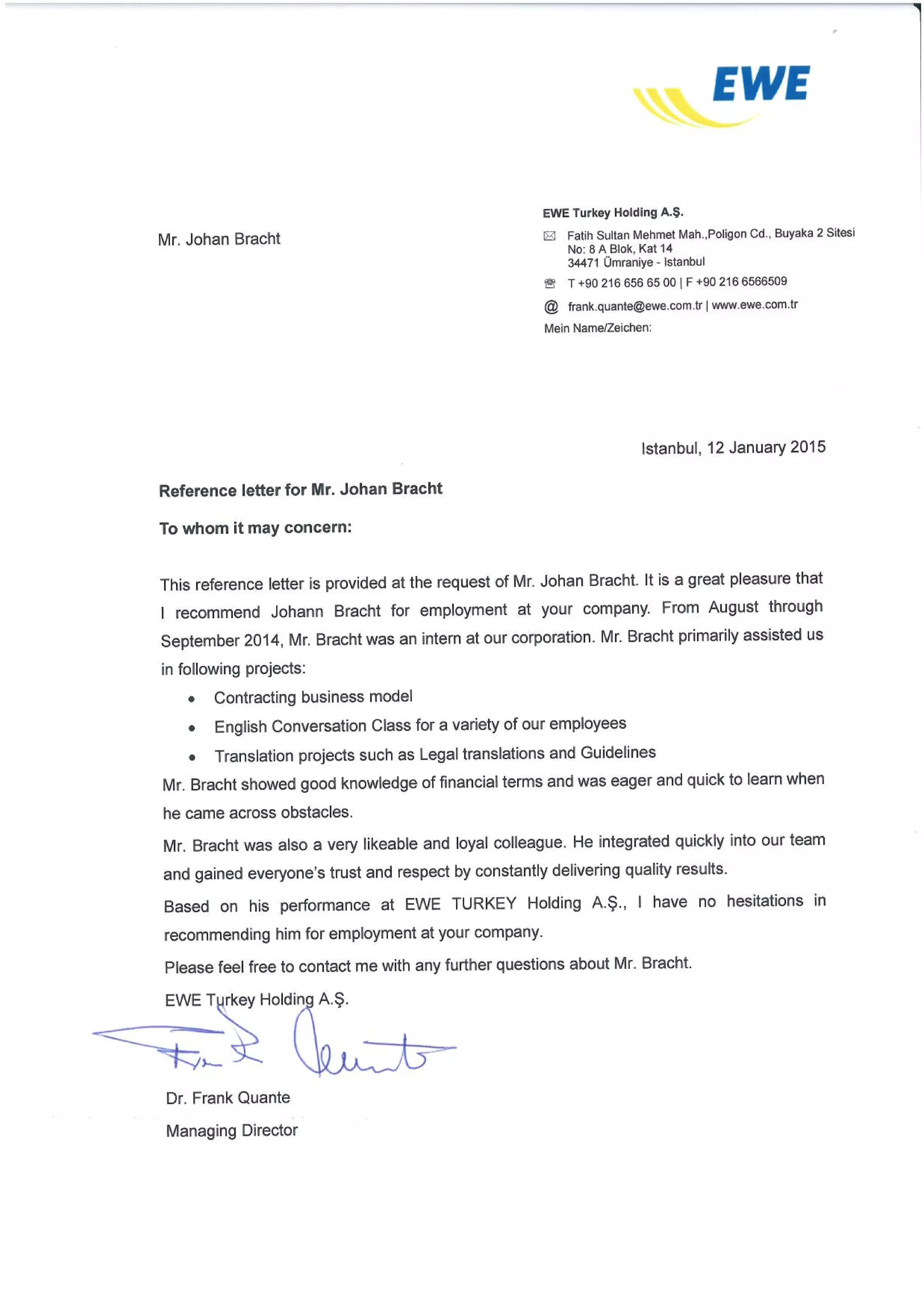 JOHAN BRACHT REFERENCE LETTER (EWE) | PDF