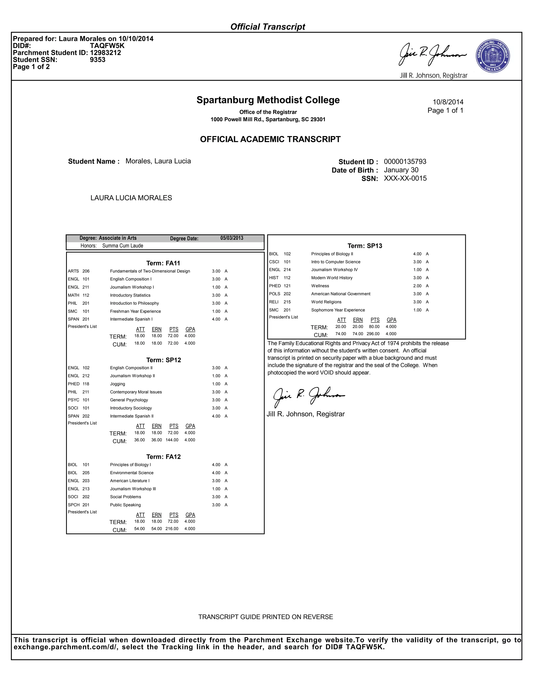 Laura Morales, Spartanburg Methodist College Transcript | PDF