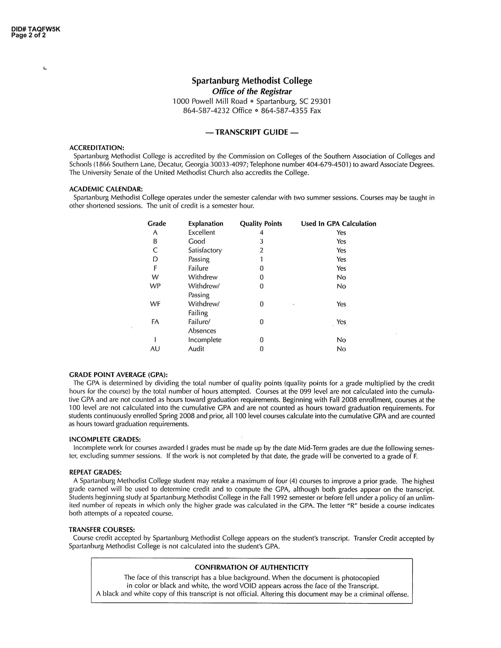 Laura Morales, Spartanburg Methodist College Transcript | PDF