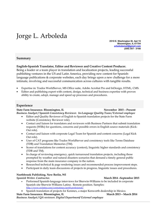 Jorge L Arboleda - Resume STATE FARM | PDF