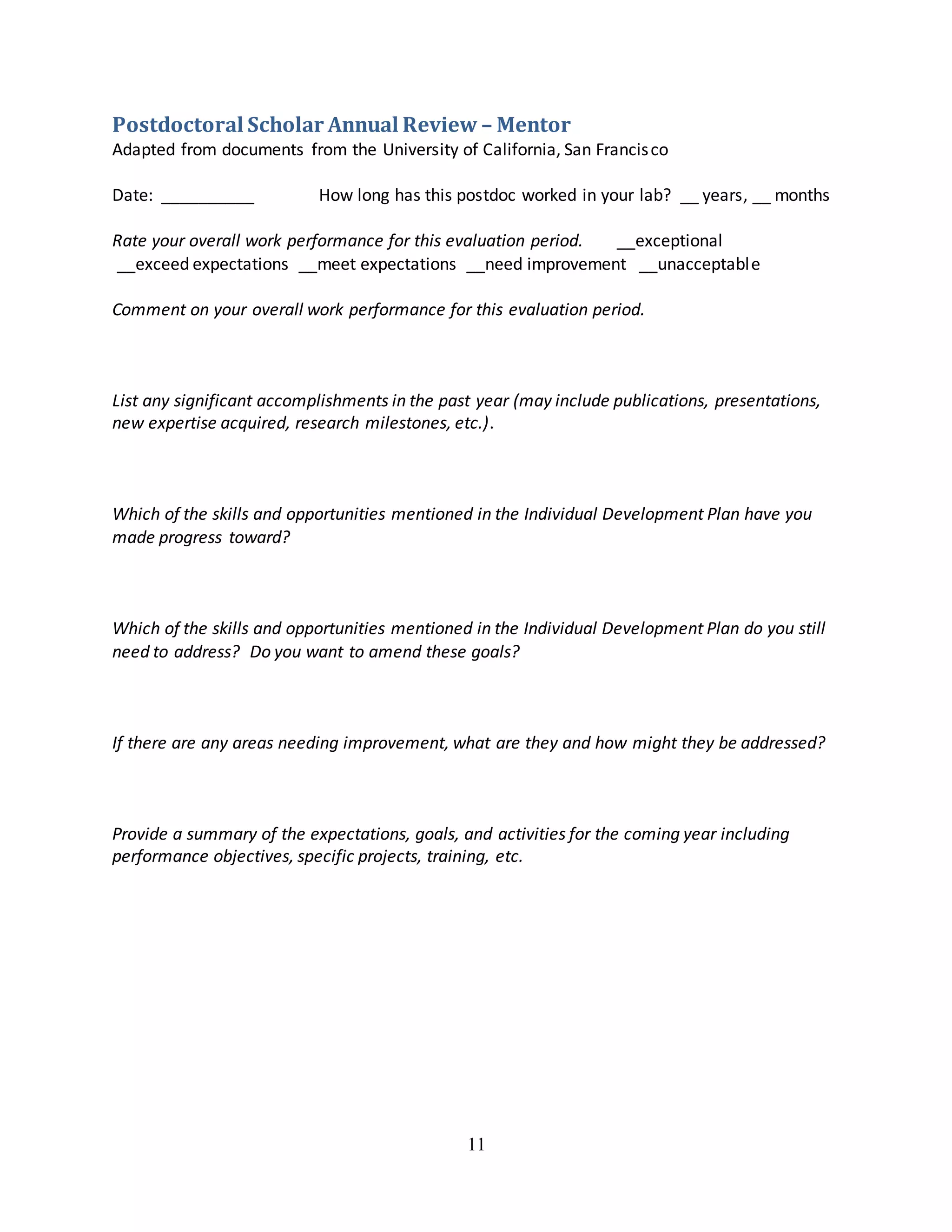 Postdoc Plan and Mentor Agreement | DOCX