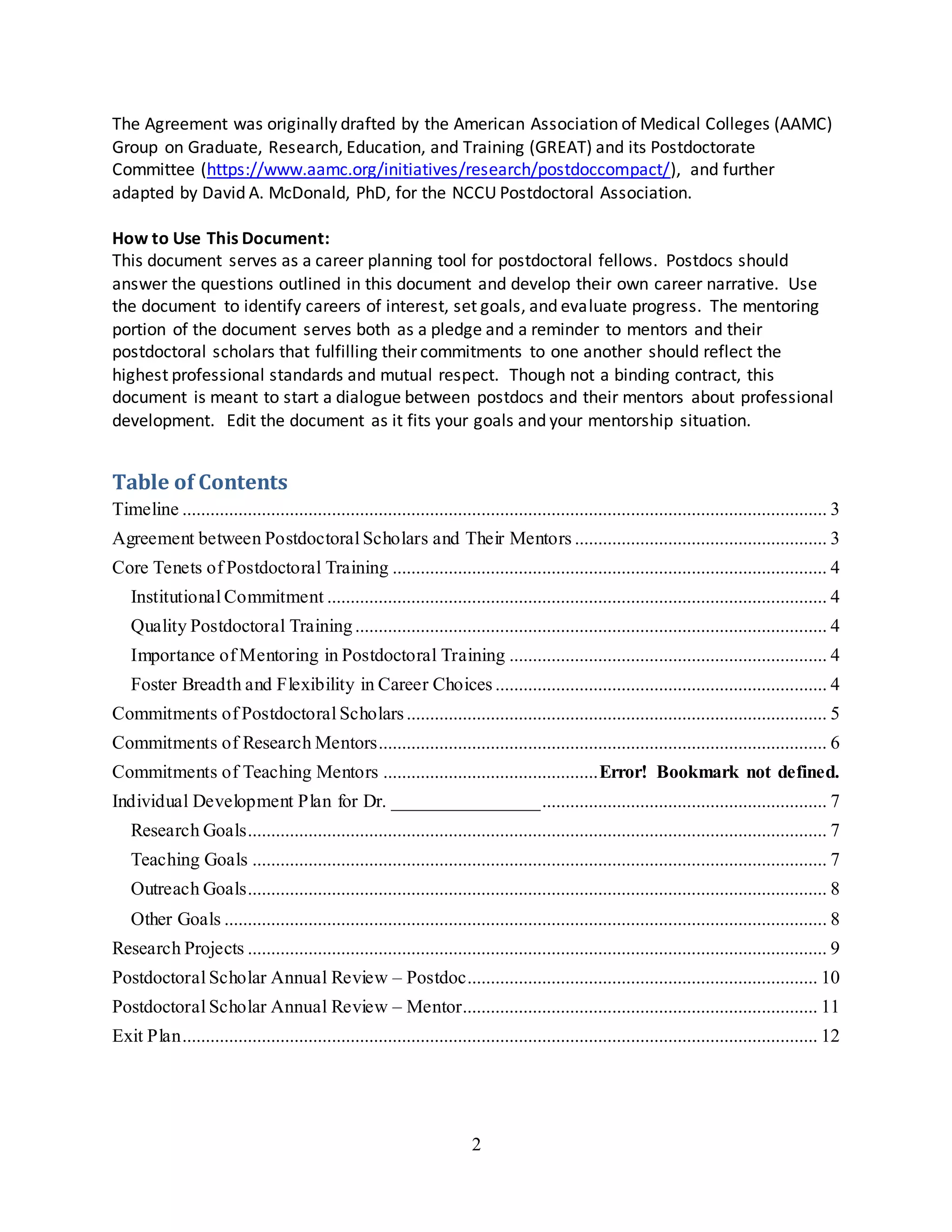 Postdoc Plan and Mentor Agreement | DOCX
