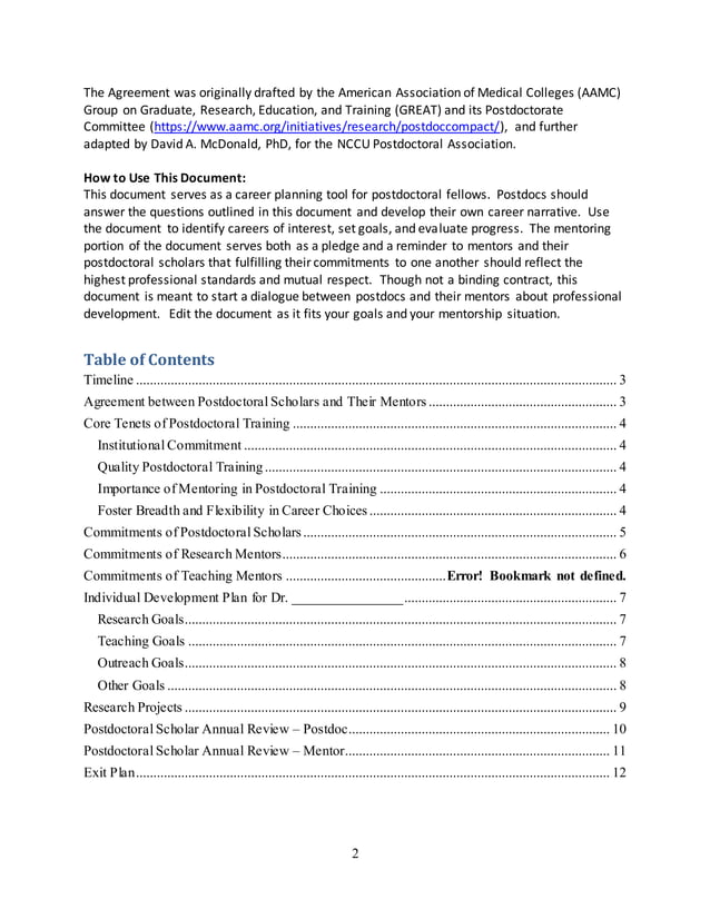 Postdoc Plan and Mentor Agreement | DOCX