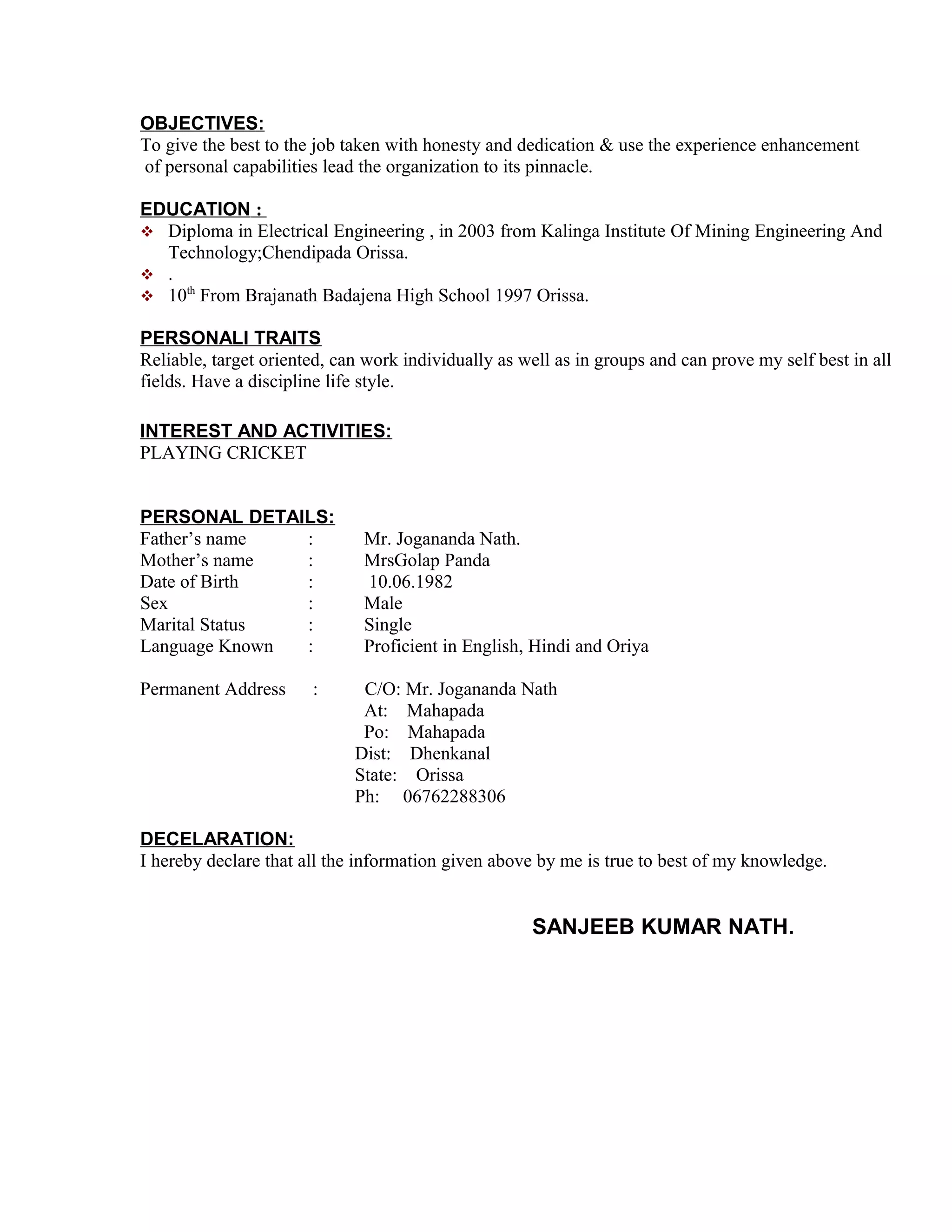 Bio Data of Sanjeeb Kumar Nath | PDF