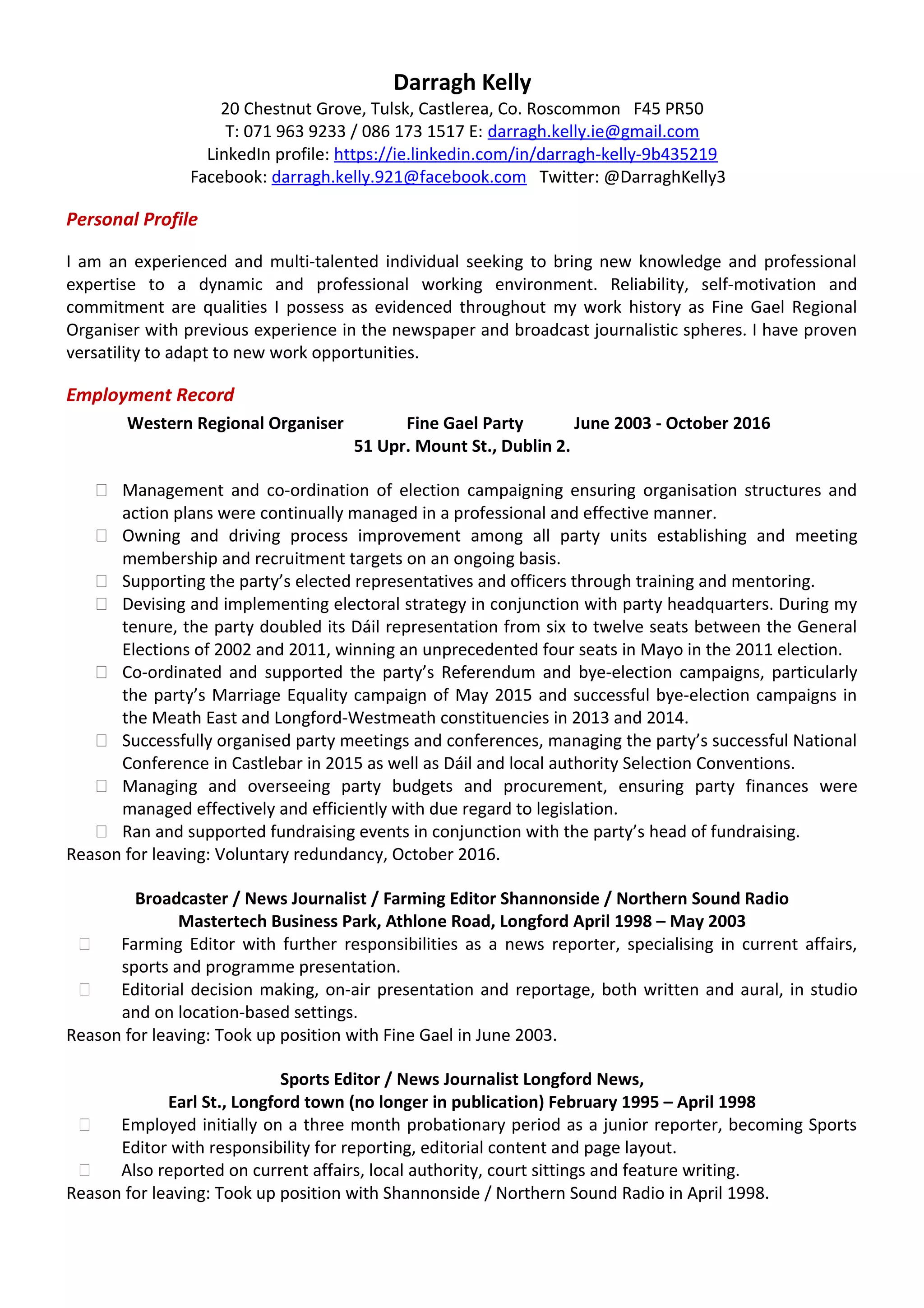 CV of DARRAGH KELLY General | RTF