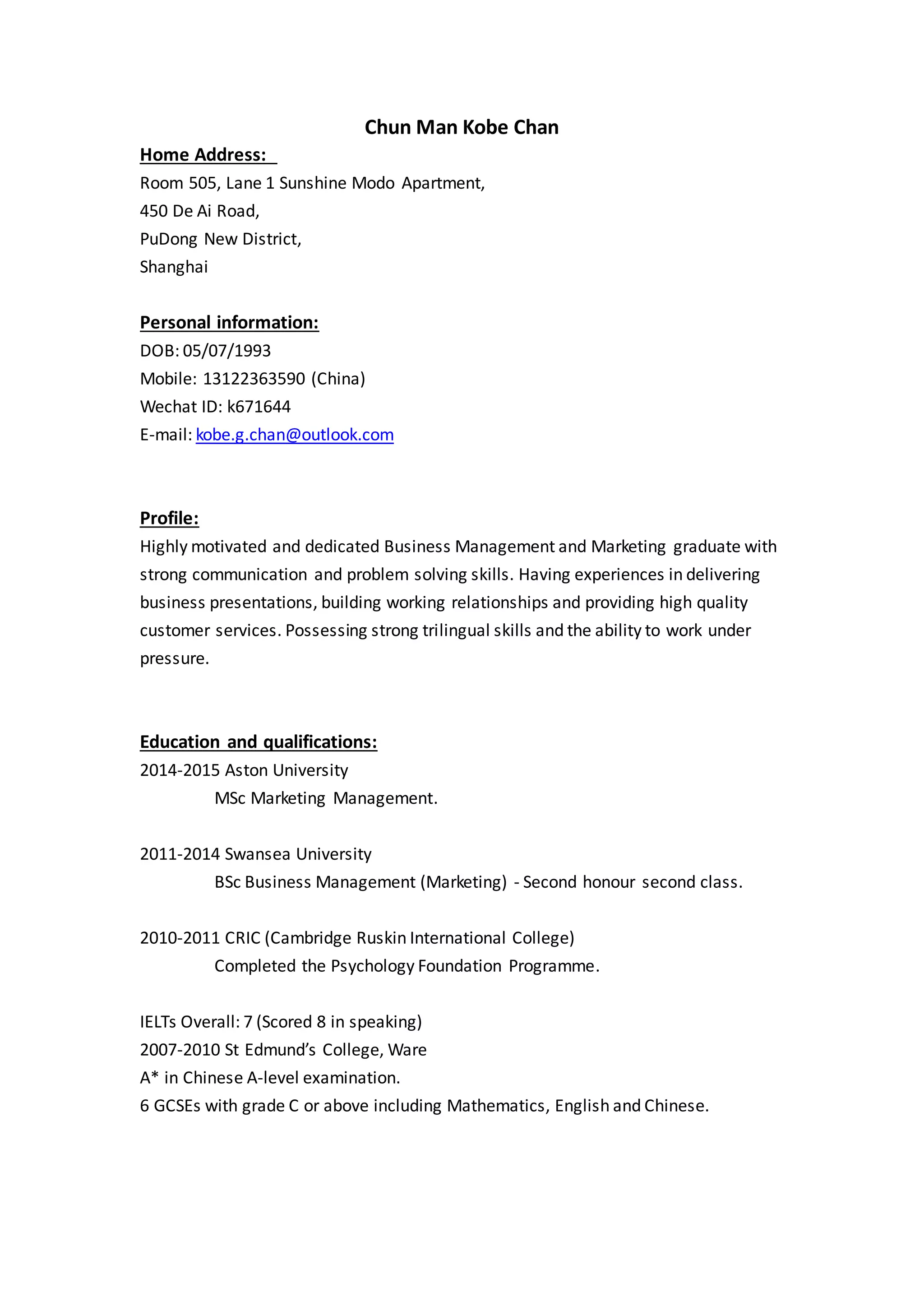 Chun Man Kobe Chan CV | PDF