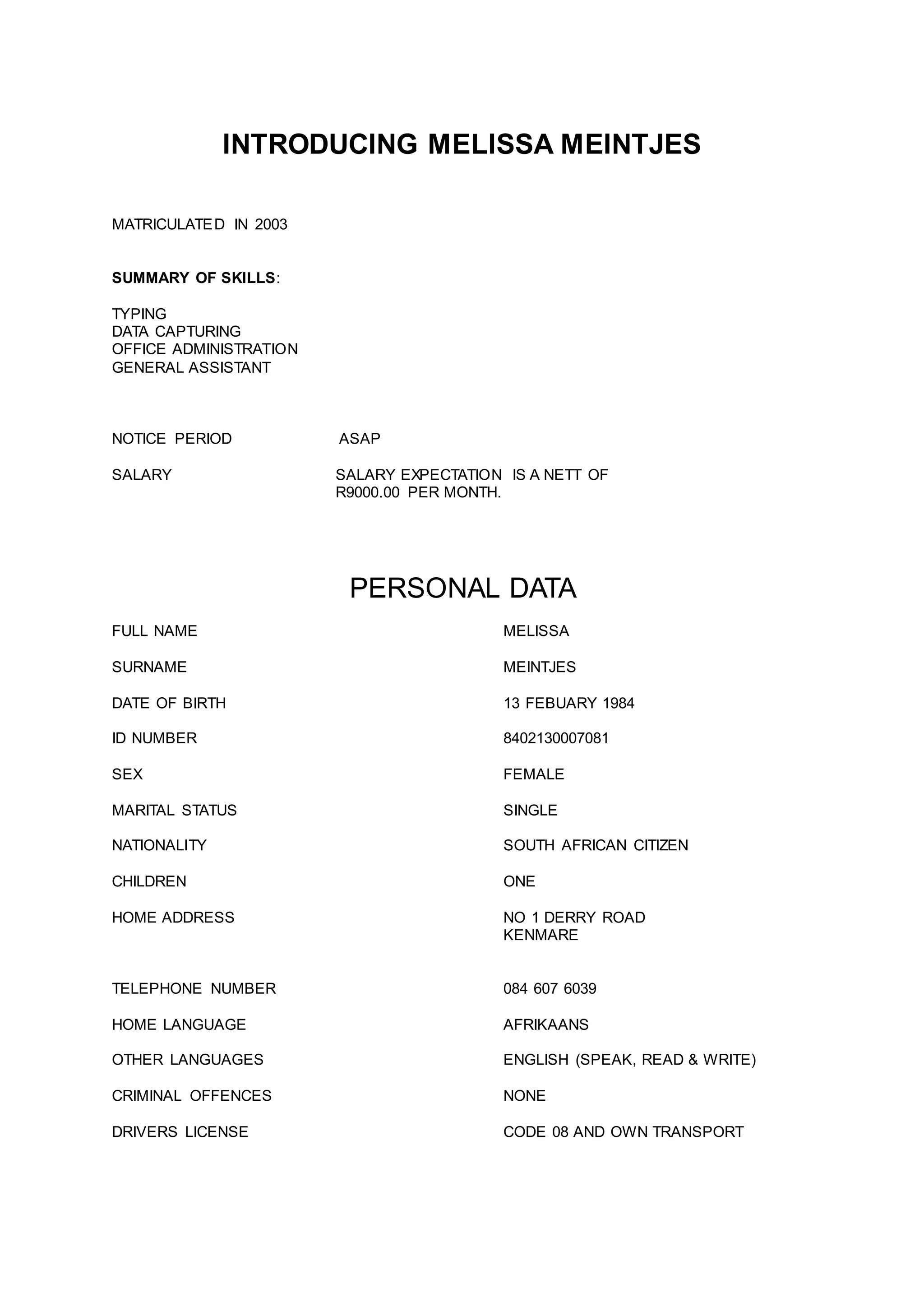 MELISSA MEINTJES CV | PDF