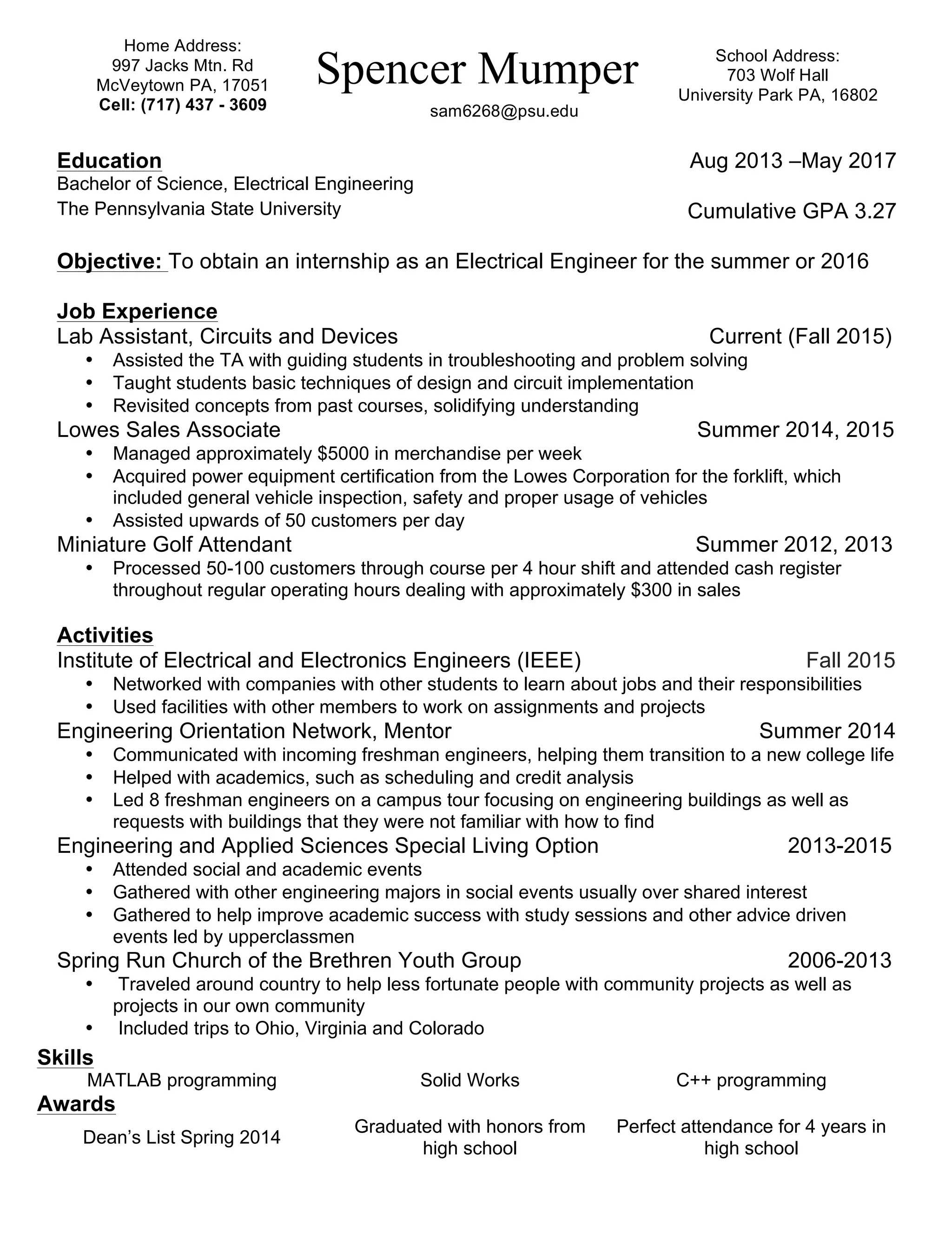 Spencer Mumper Resume Fall 2015 | PDF