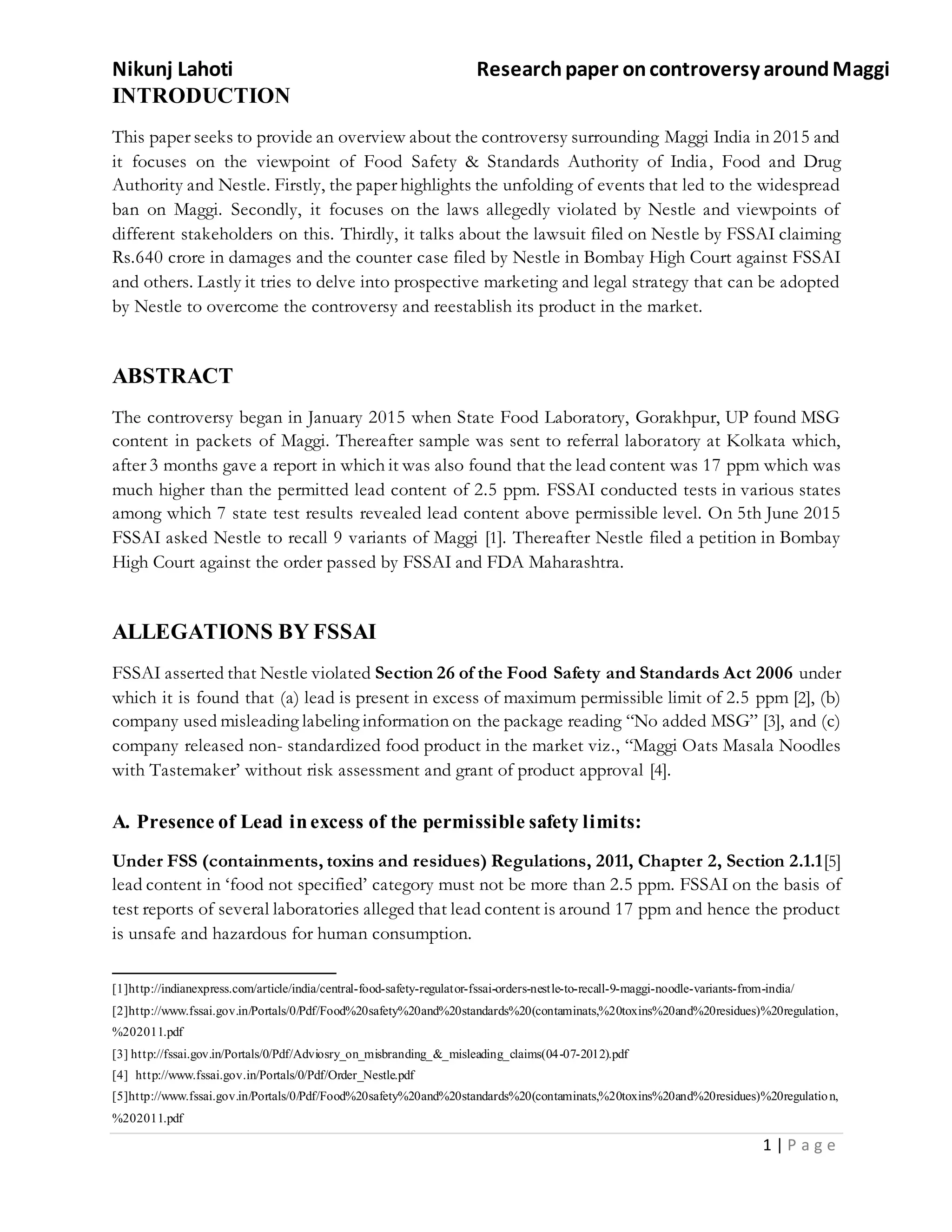 Research Paper on Legal aspects faced by Maggi | DOCX