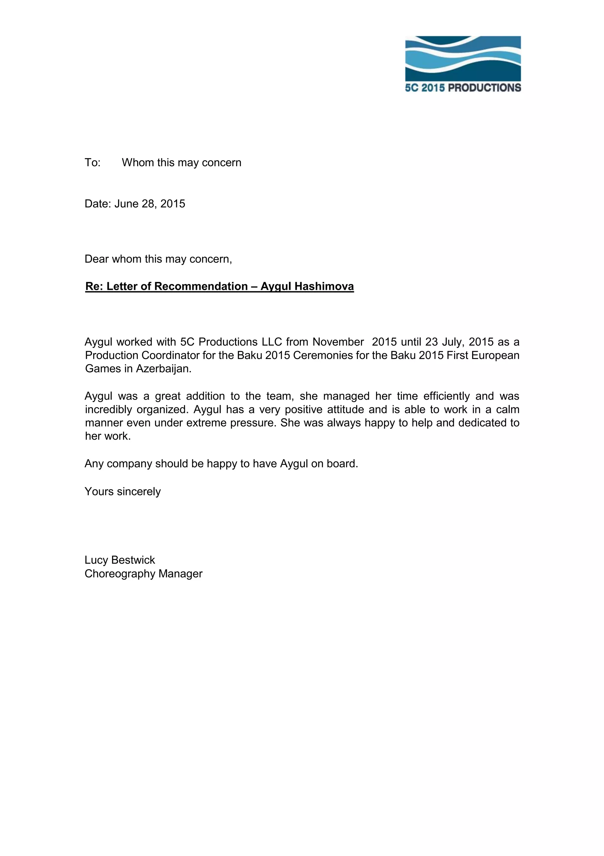 Letter of Recommendation (Lucy Bestwick) | PDF