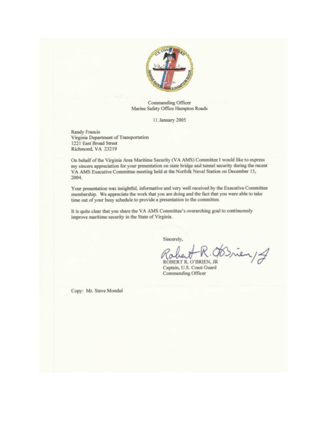 Letter of Appreciation from the Captain of the Port U.S. Coast Guard