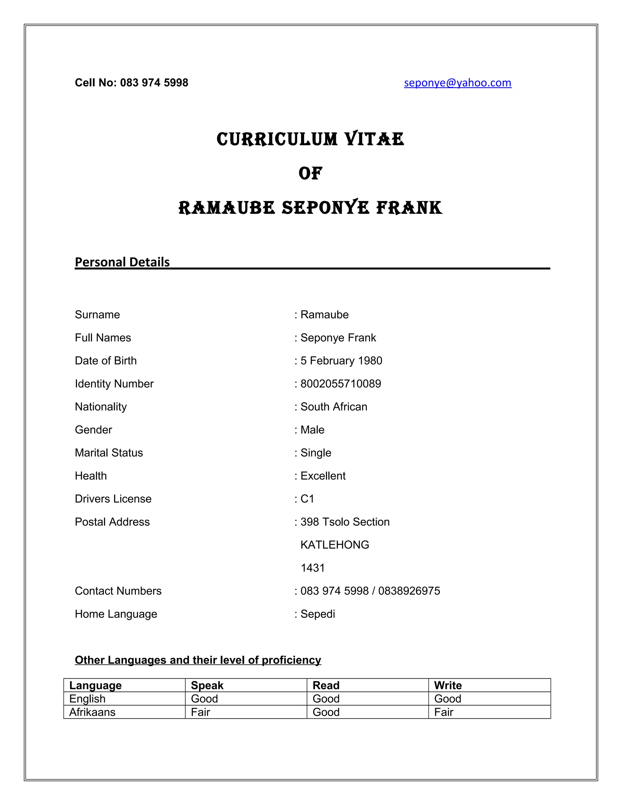 Curriculum Vitae of frank | DOC