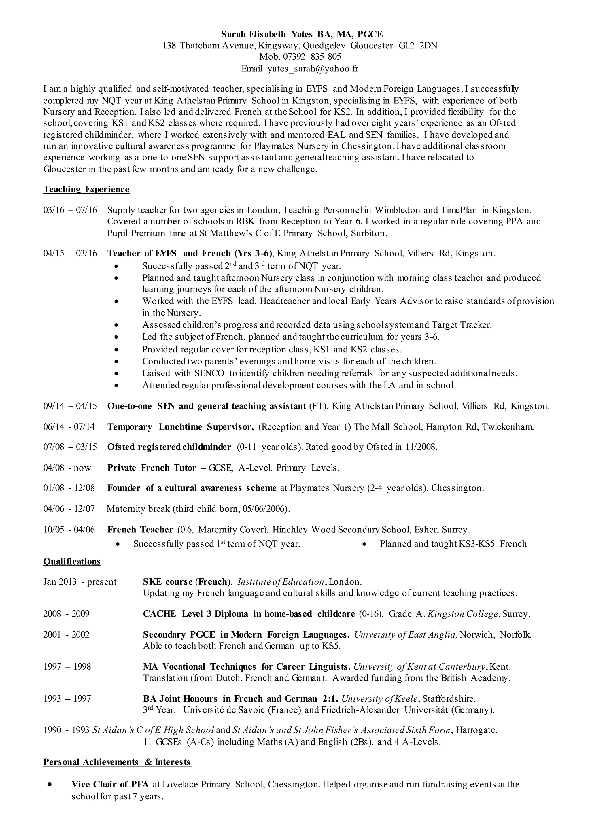 OCT CV 2016 | DOCX | Daycare and Pre-School | Parenting